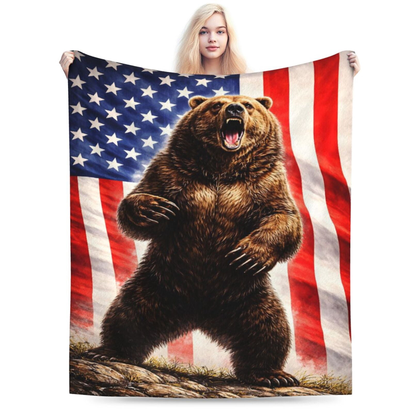 American Flag Bear Throw Blanket, Patriotic Grizzly Bear Fleece Blanket ...