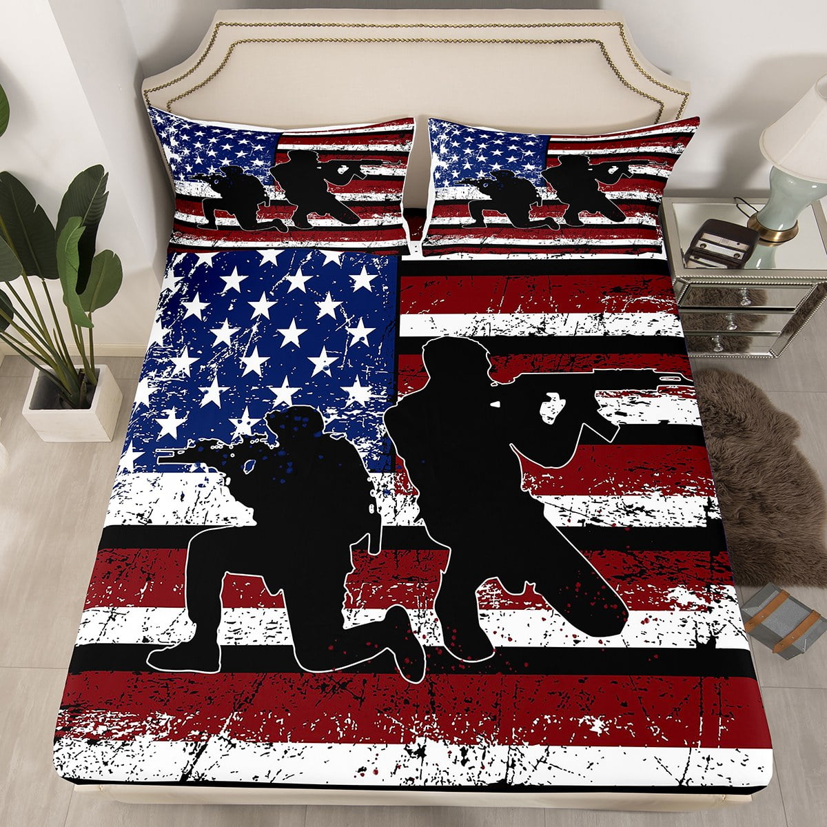 American Flag Bed Sheets Teen Bedding Vintage Army Soldier Silhouette ...