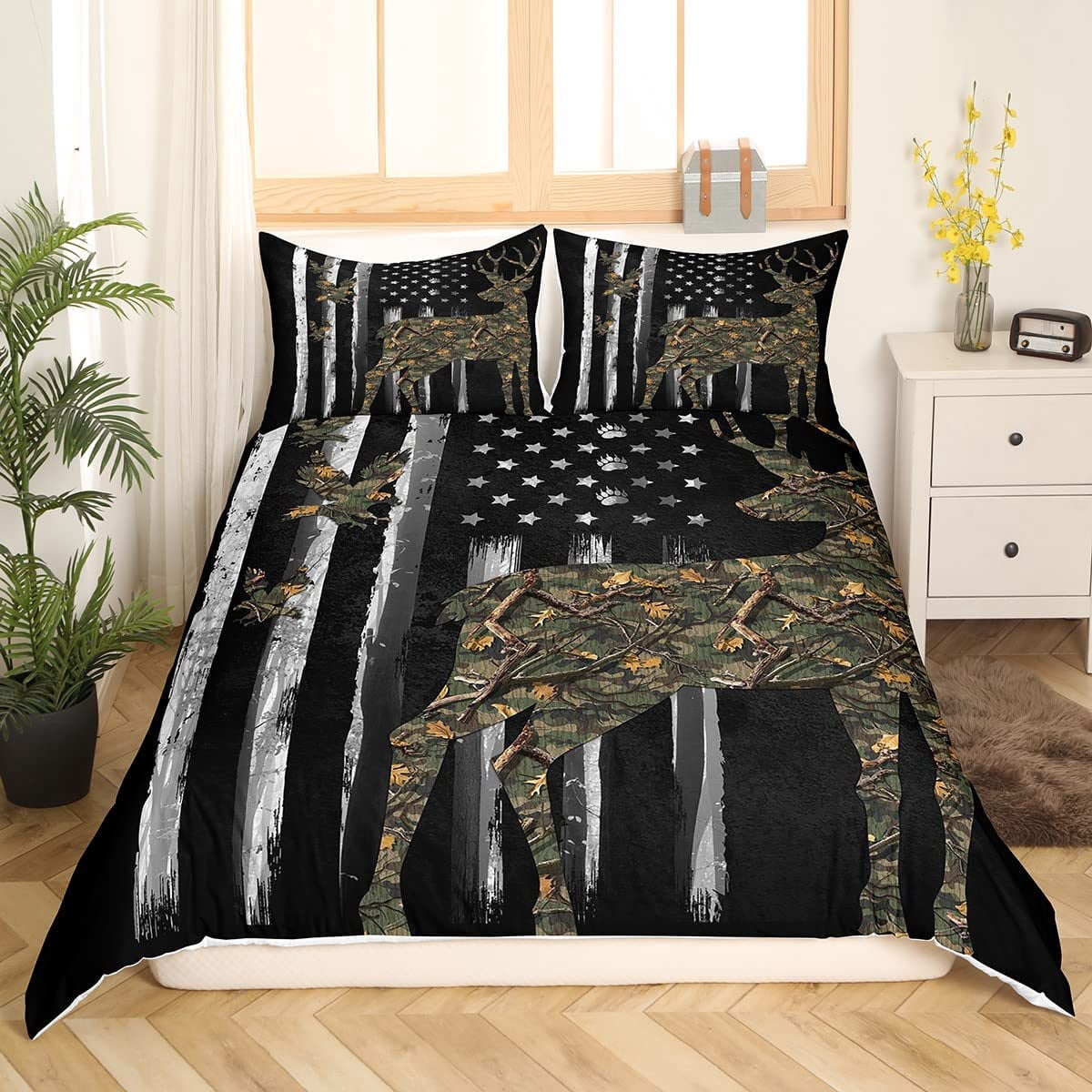 American Flag Bedding Set, Deer Hunting Duvet Cover Army Green Military ...