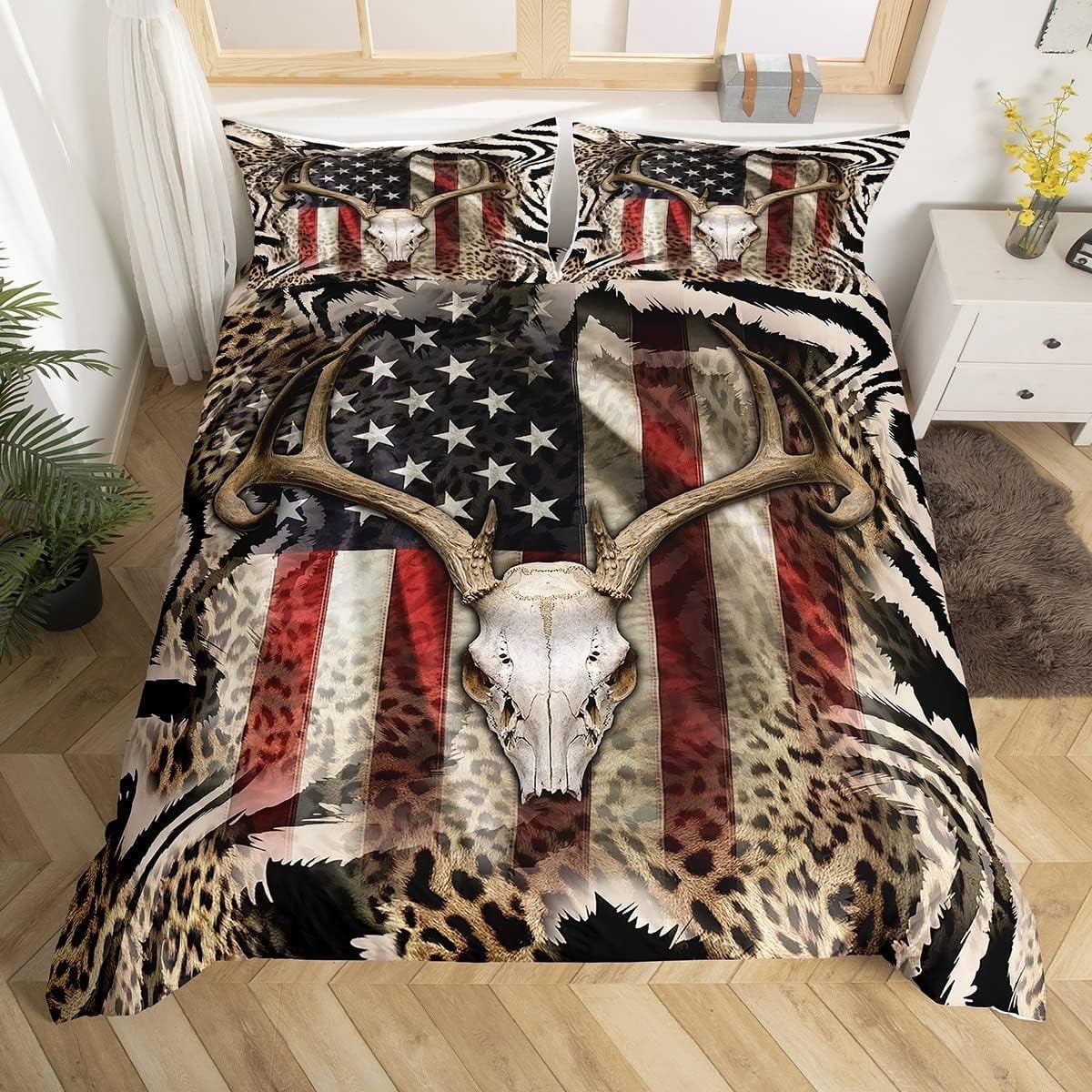American Flag Bedding Set King Antlers Deer Skull Duvet Cover For Kids ...