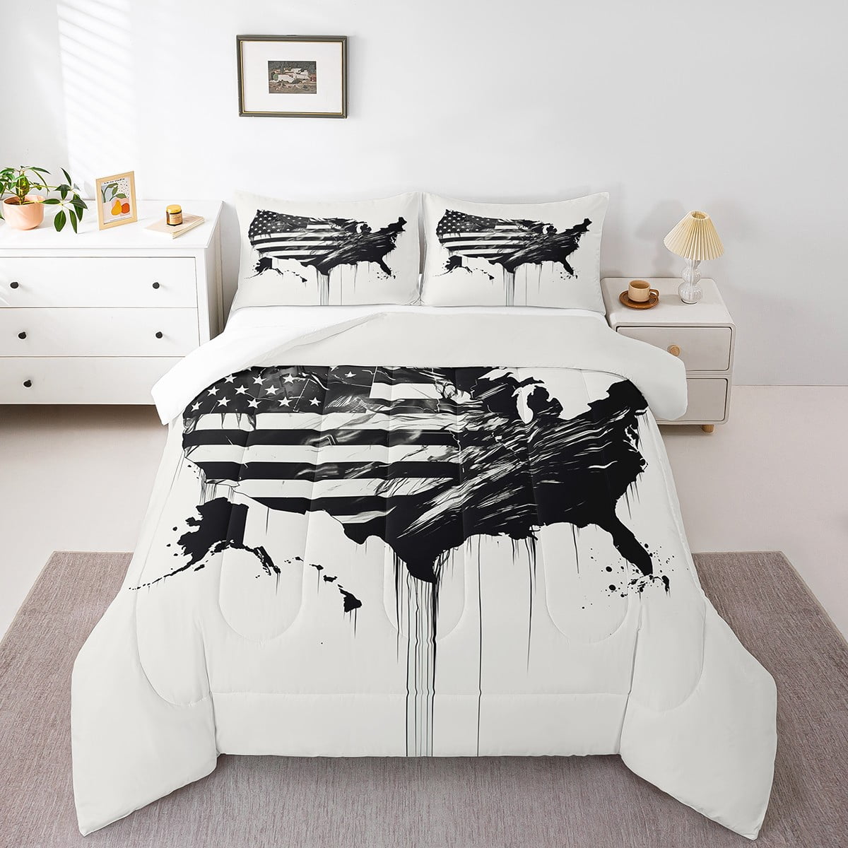 American Flag Bedding Set for Adults,Black White USA Flag Comforter ...