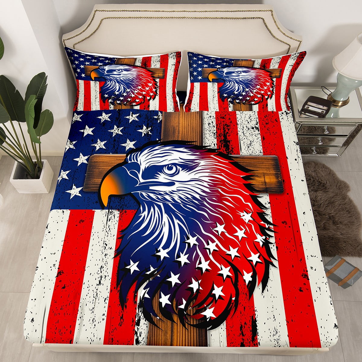 American Flag Bedding Sets Full Size,Cartoon Eagle Fitted Sheet 3Pcs ...