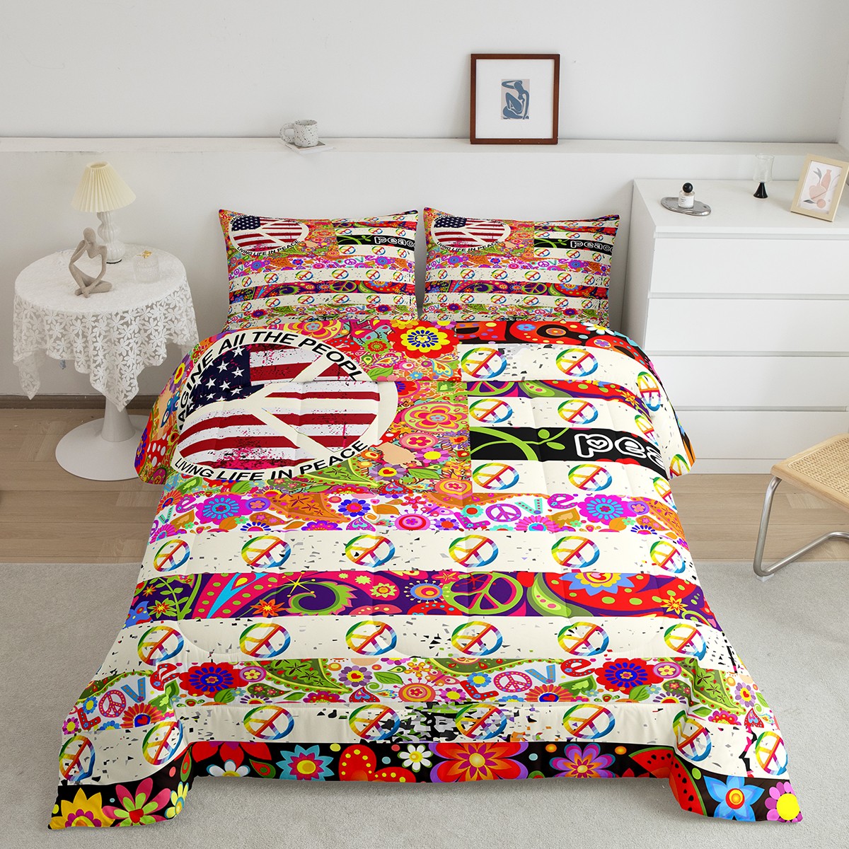 American Flag Bedding Sets Full Size,Peace Sign Art Comforter Set 3Pcs ...