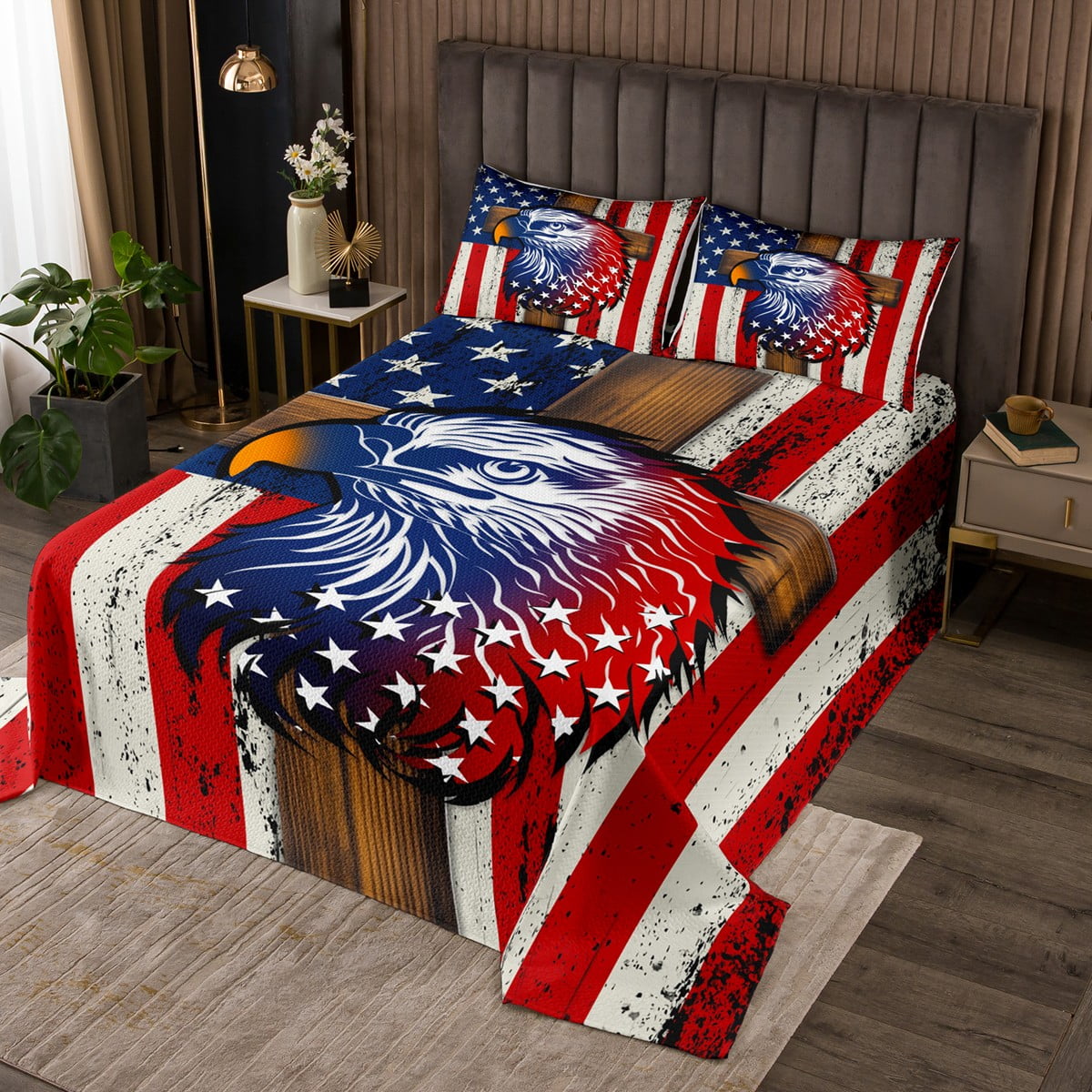 American Flag Bedspread King Size,Cartoon Eagle Bedding Set 3Pcs for ...