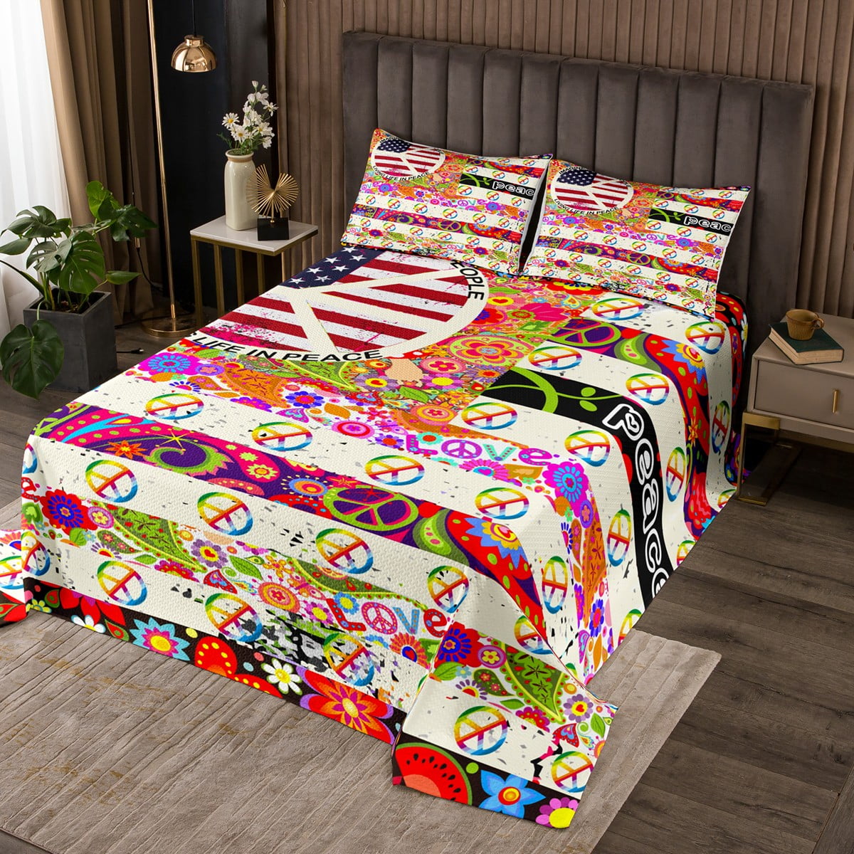 American Flag Bedspread King Size,Peace Sign Art Bedding Set 3Pcs ...