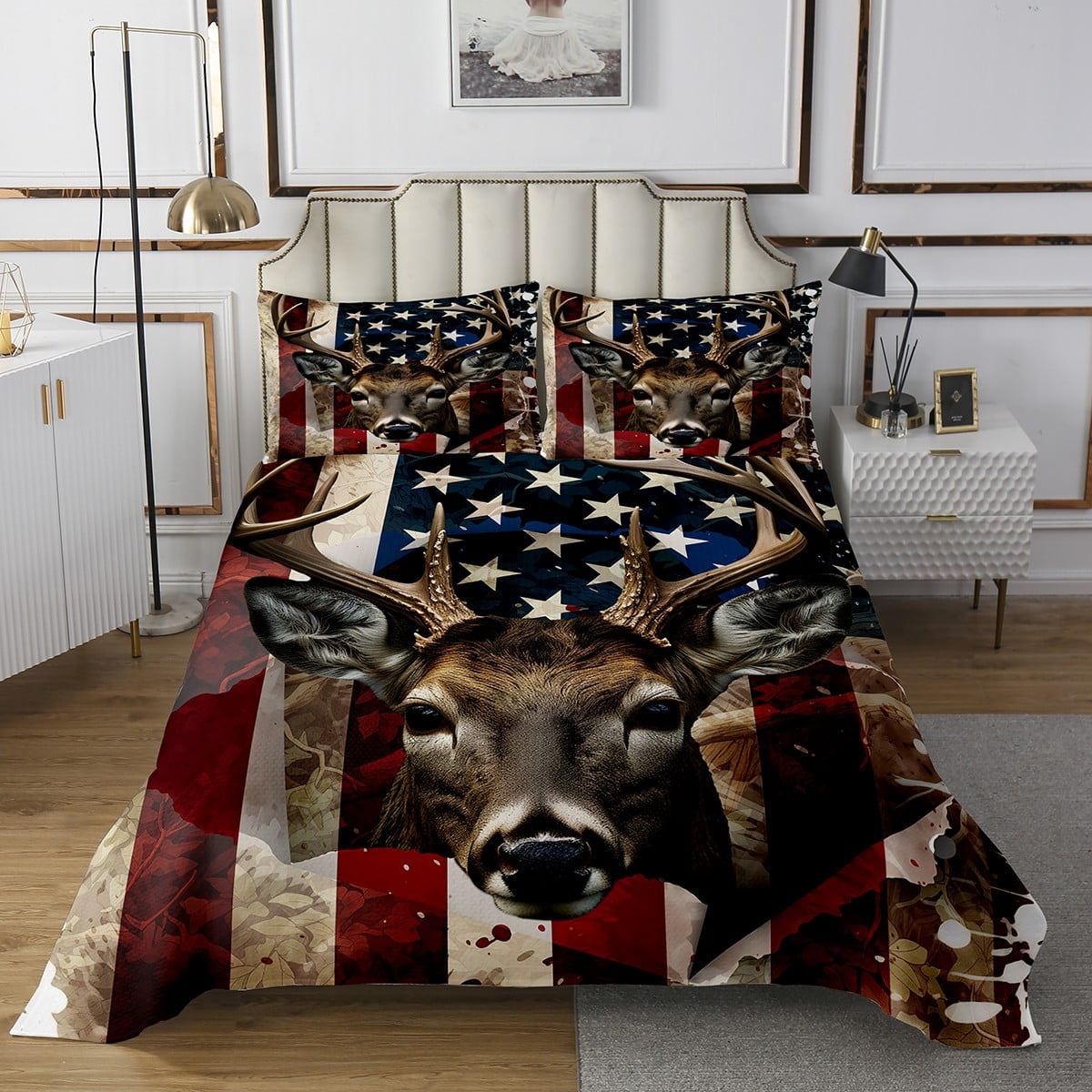 American Flag Bedspread Set, Rustic Deer Quilt Set Twin Teens, United ...