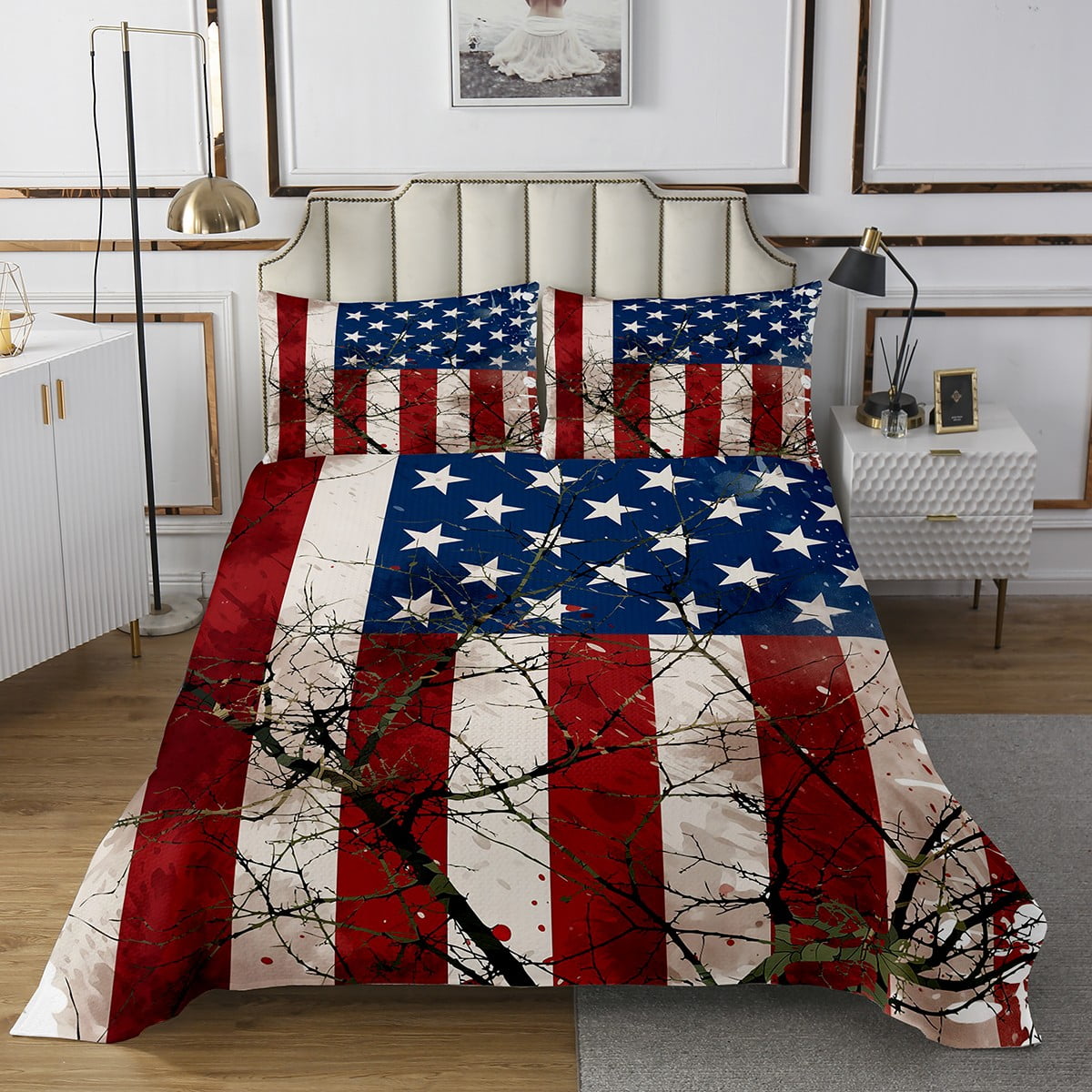 American Flag Bedspread Set Stars and Stripes Queen Quilt Set, Wooden ...