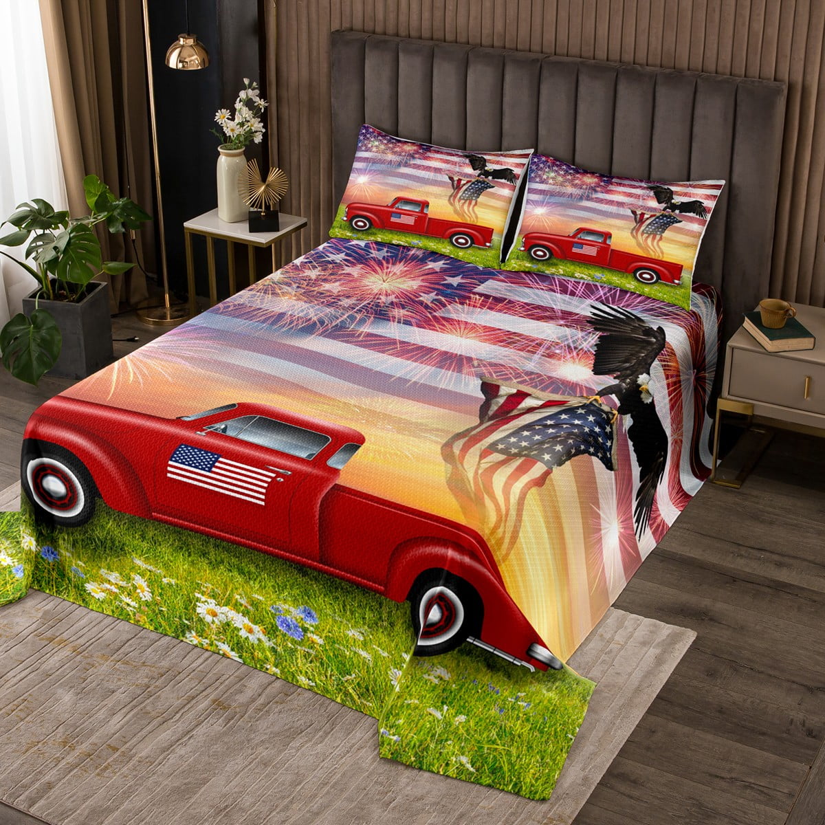 American Flag Bedspread Set Usa Cartoon Car Coverlet Set King ...