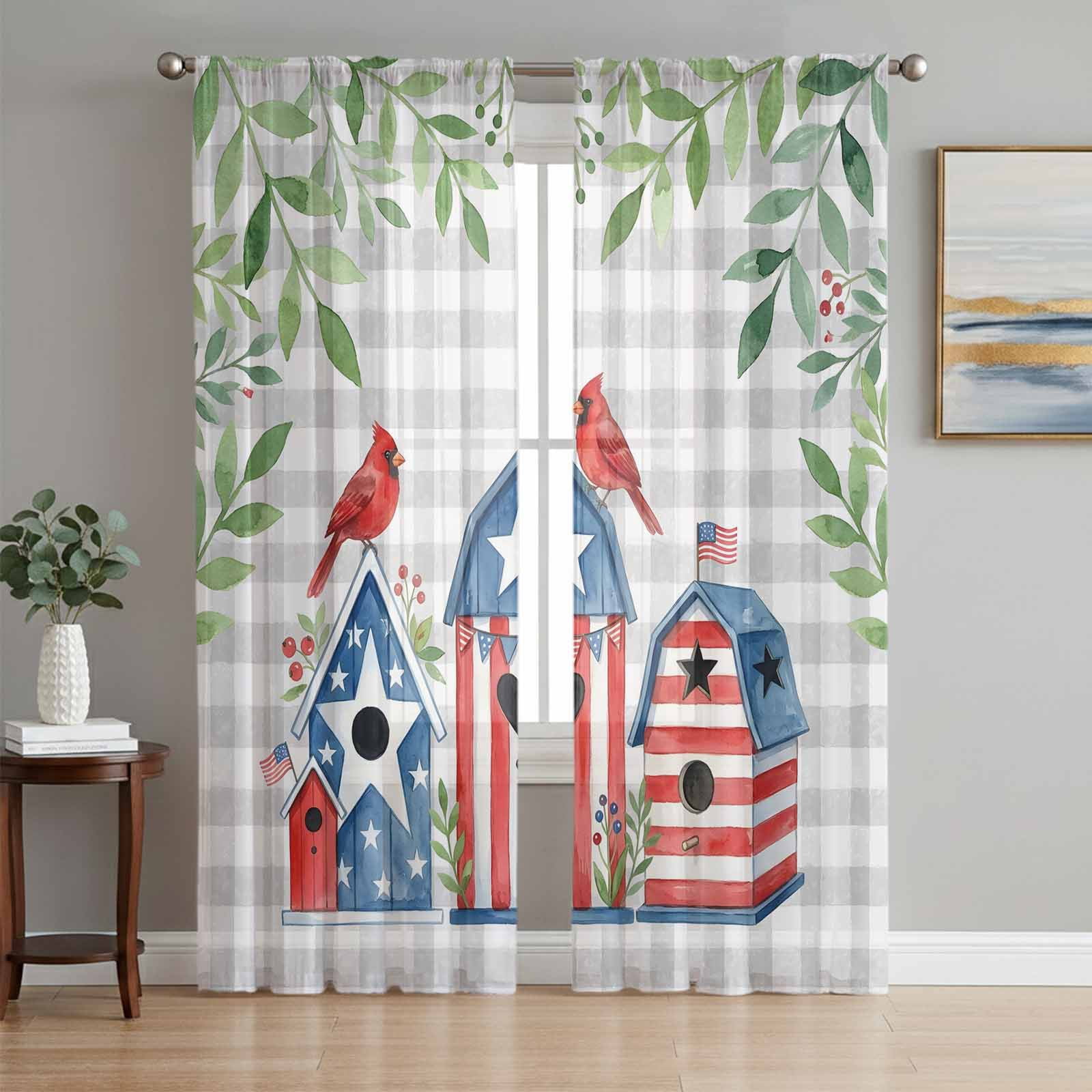 American Flag Bird House Sheer Curtains 63 Inch Length 2 Panels Set ...