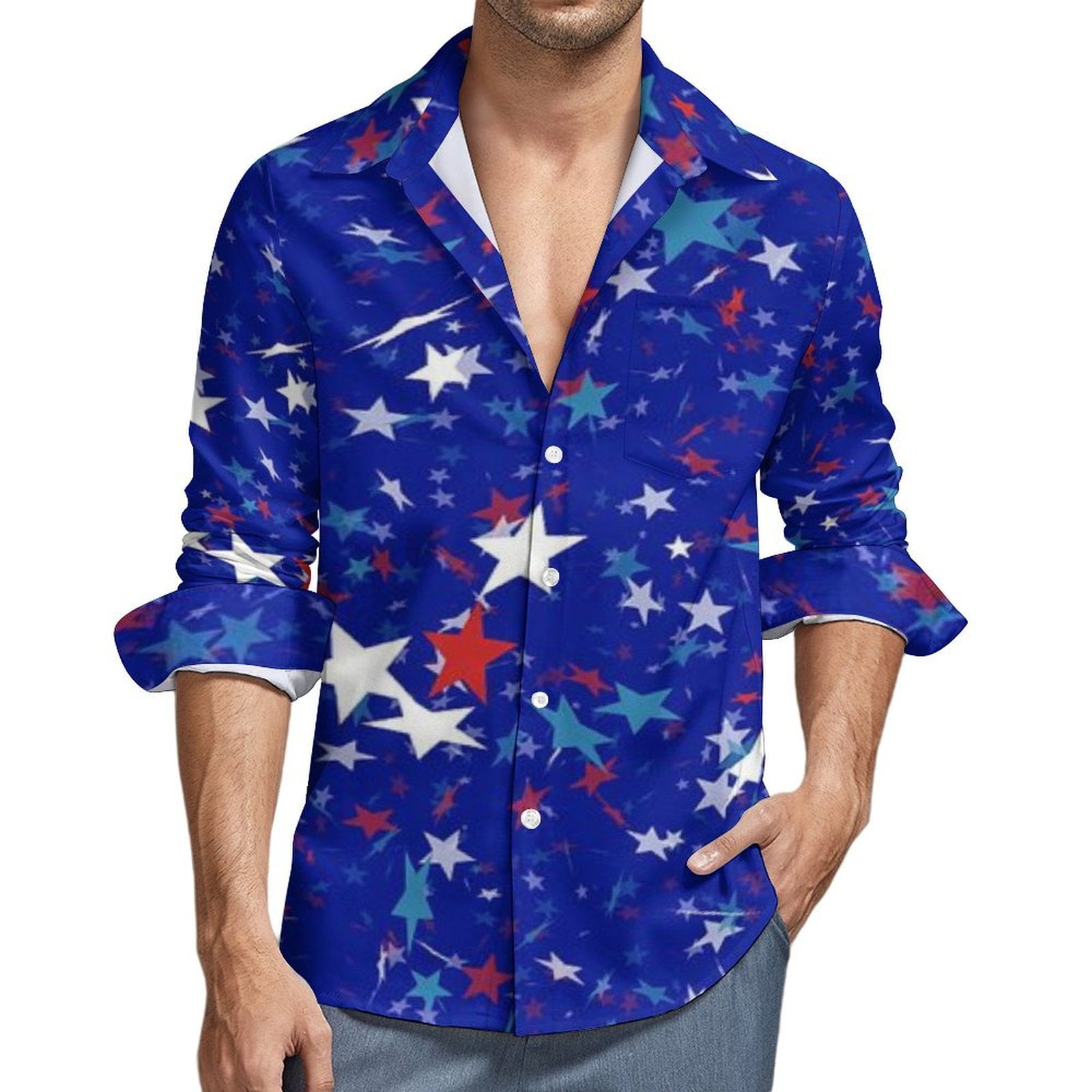 American Flag Blue Red White Hawaiian Shirt for Men Long Sleeve Button ...