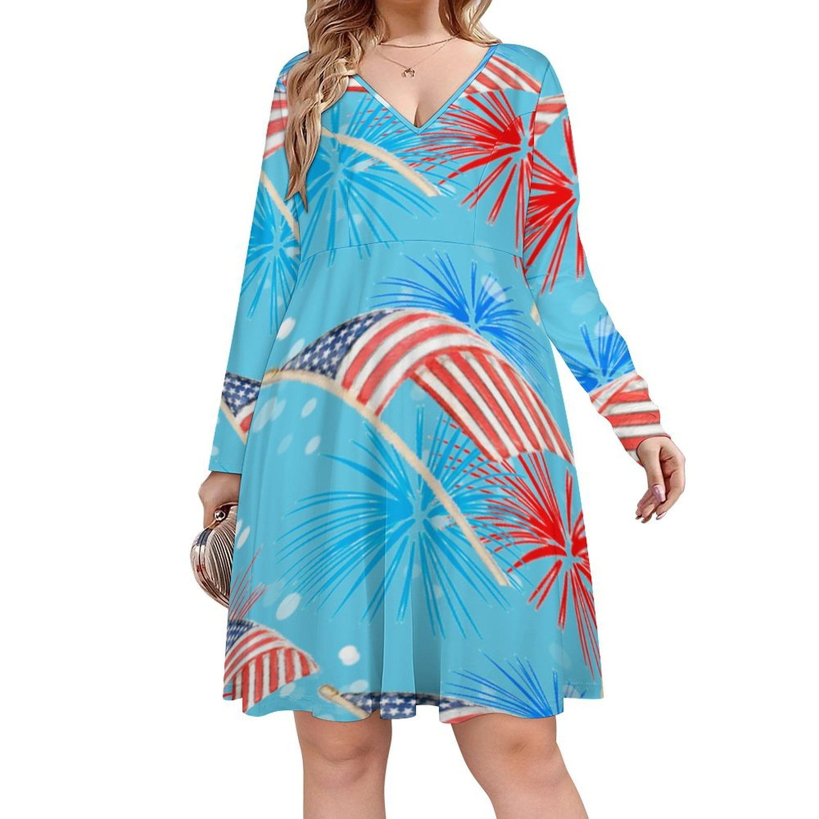American Flag Blue Red White Long Sleeve Dresses For Women Vintage Elegant Party Dress Oversized ...