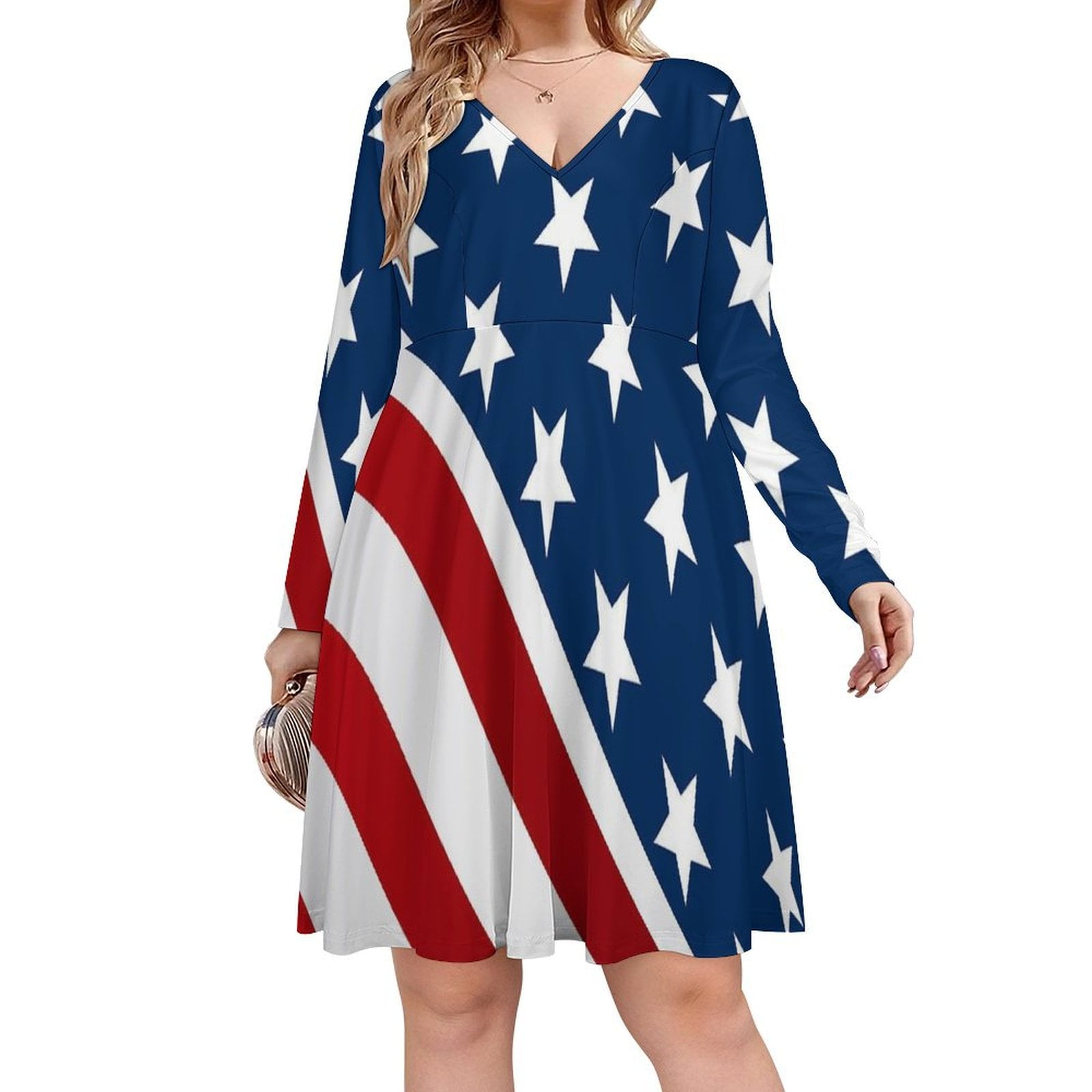 American Flag Blue Red White Long Sleeve Dresses For Women Vintage ...