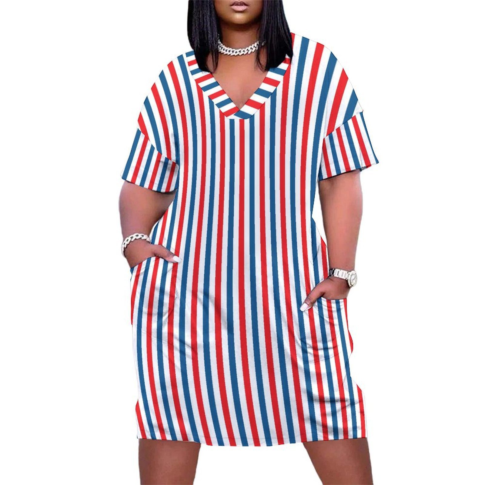 American Flag Blue Red White Loose Pocket Dress Dresses Summer Summer ...