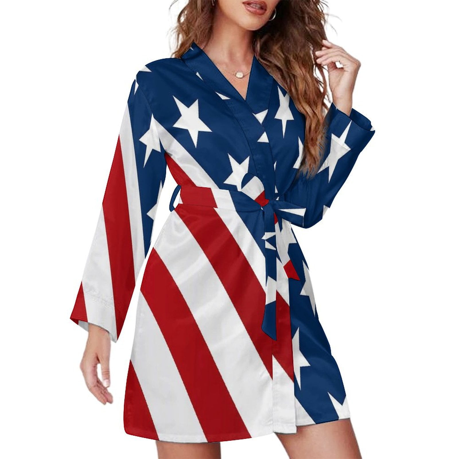 American Flag Blue Red White Night Robe Long Sleeve V Neck Robe With ...