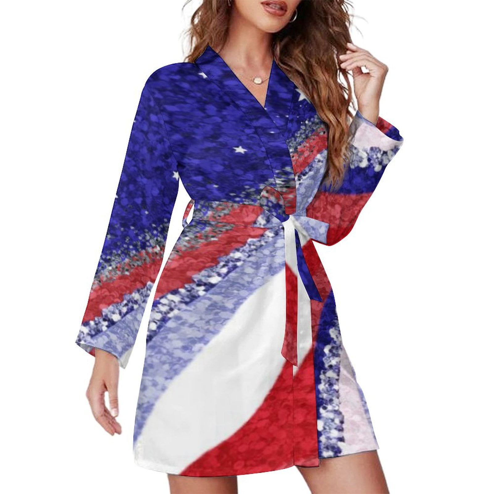 American Flag Blue Red White Night Robe Long Sleeve V Neck Robe With ...