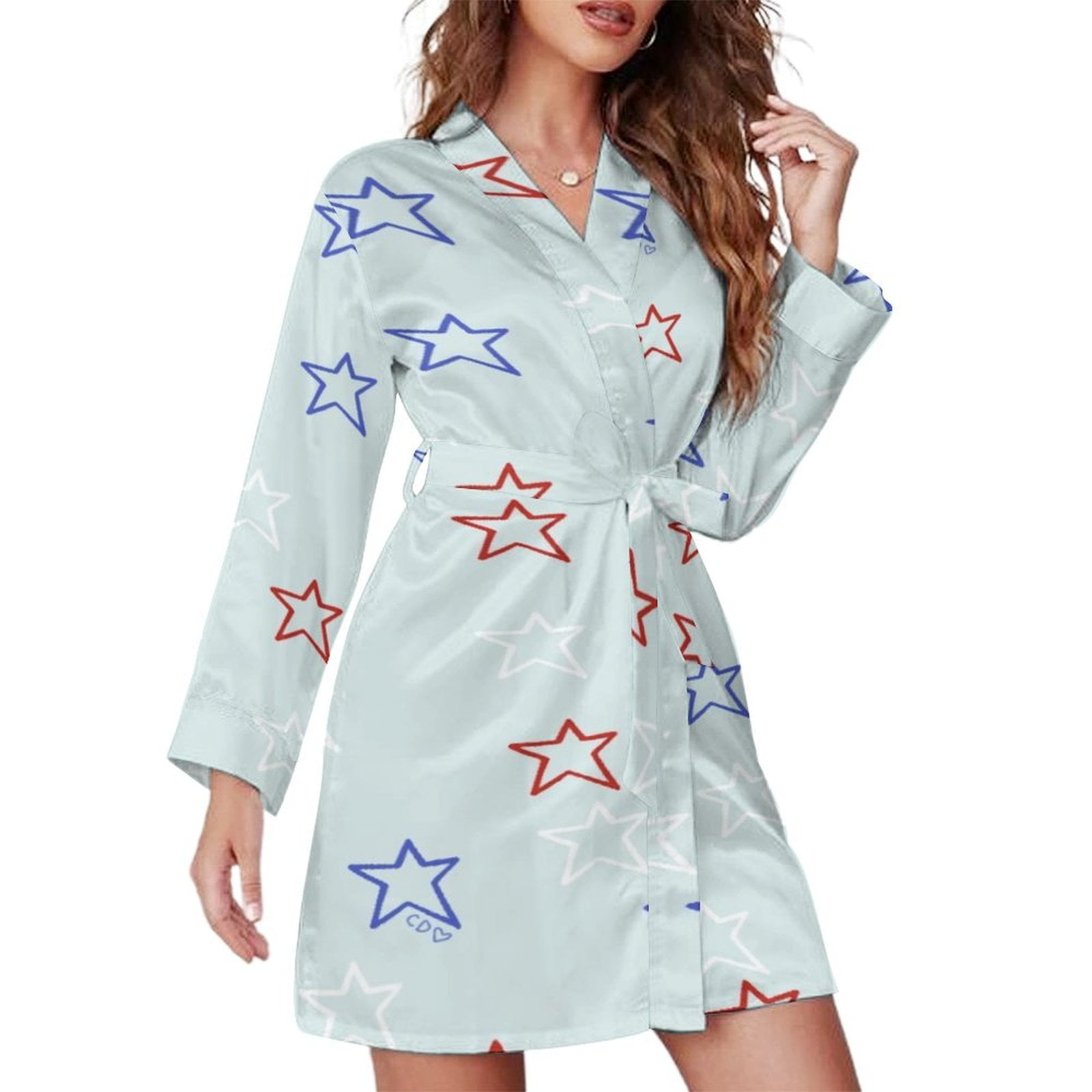American Flag Blue Red White Night Robe Long Sleeve V Neck Robe With ...