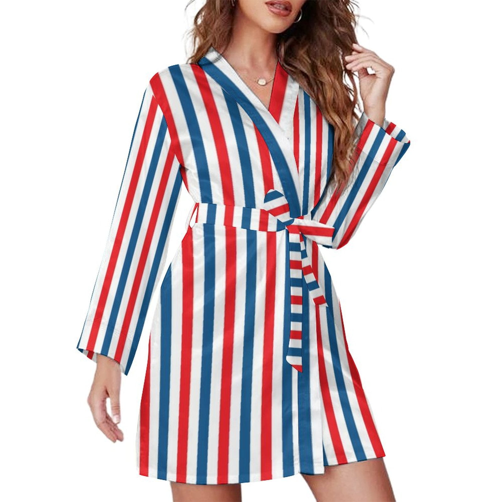 American Flag Blue Red White Night Robe Long Sleeve V Neck Robe With ...