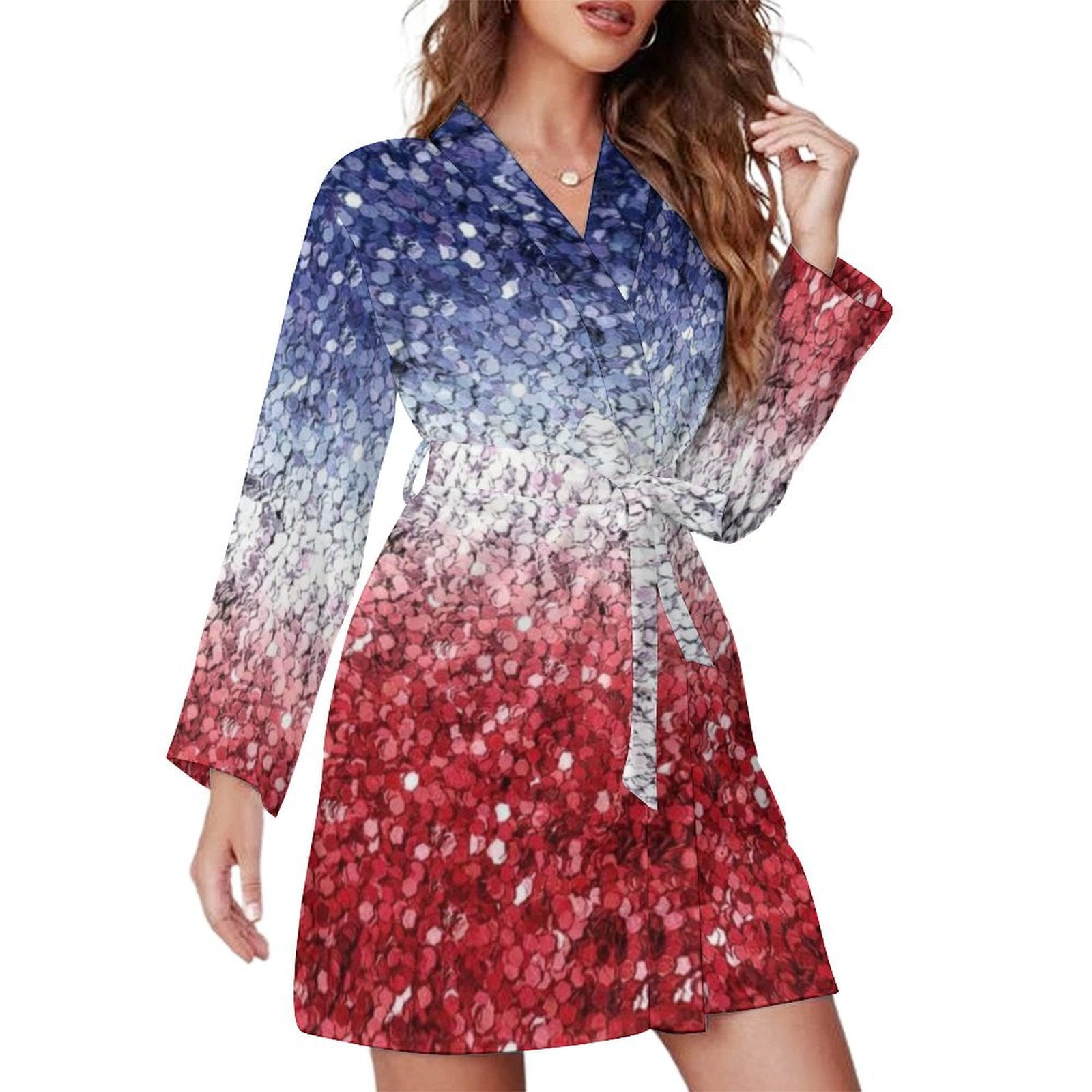 American Flag Blue Red White Night Robe Long Sleeve V Neck Robe With ...