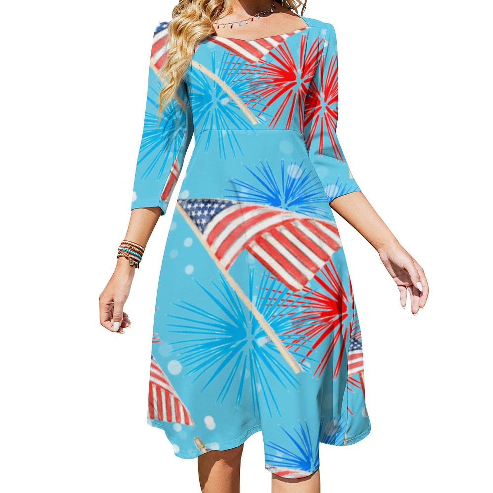 American Flag Blue Red White Sweetheart Knot Flared Dress Fashion ...