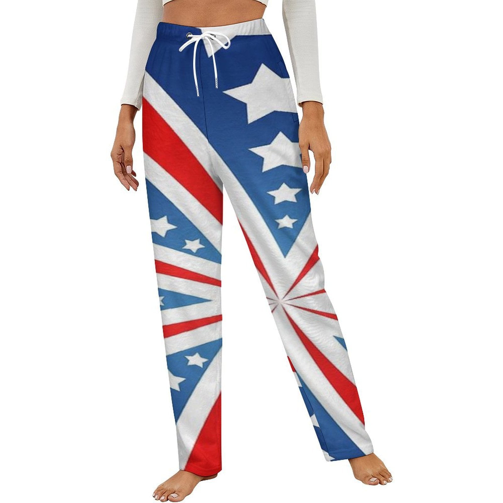 American Flag Blue Red White Winter Female Pants Flannel High Waist ...