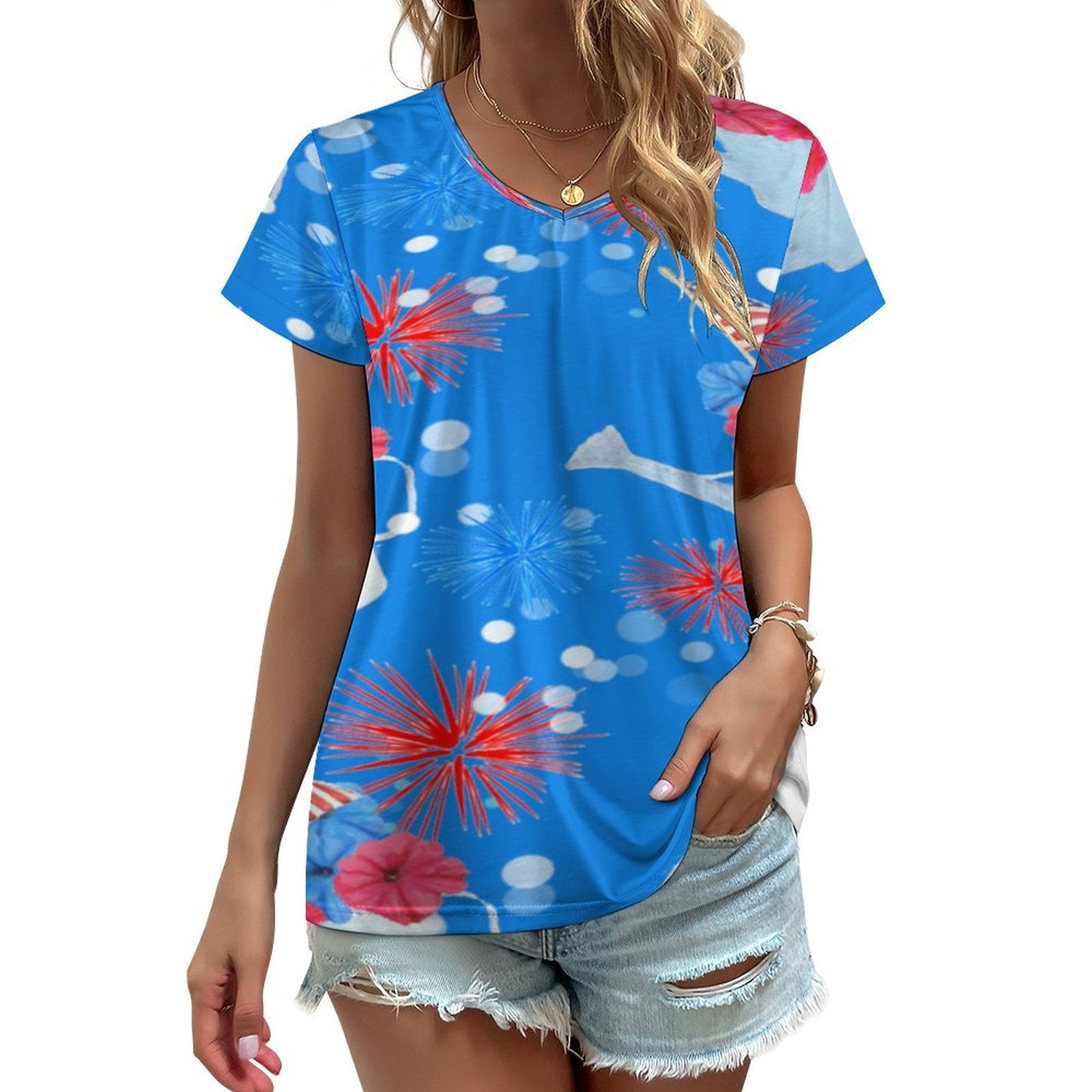 American Flag Blue Red White Women's Blouse Short Sleeve Women's Top T ...