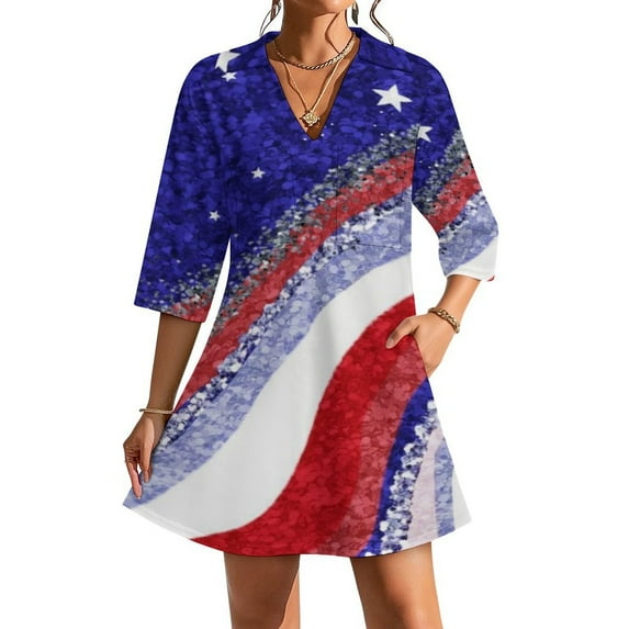 American Flag Blue Red White Womens Dress With Pockets Summer V Neck 3/ ...