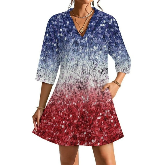 American Flag Blue Red White Womens Dress With Pockets Summer V Neck 3/ ...