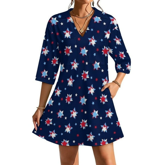 American Flag Blue Red White Womens Dress With Pockets Summer V Neck 3/ ...