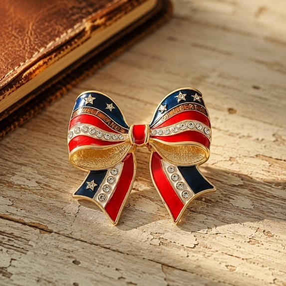 American Flag Bow Brooch, Patriotic Crystal Enamel Pin, 4th of July USA ...