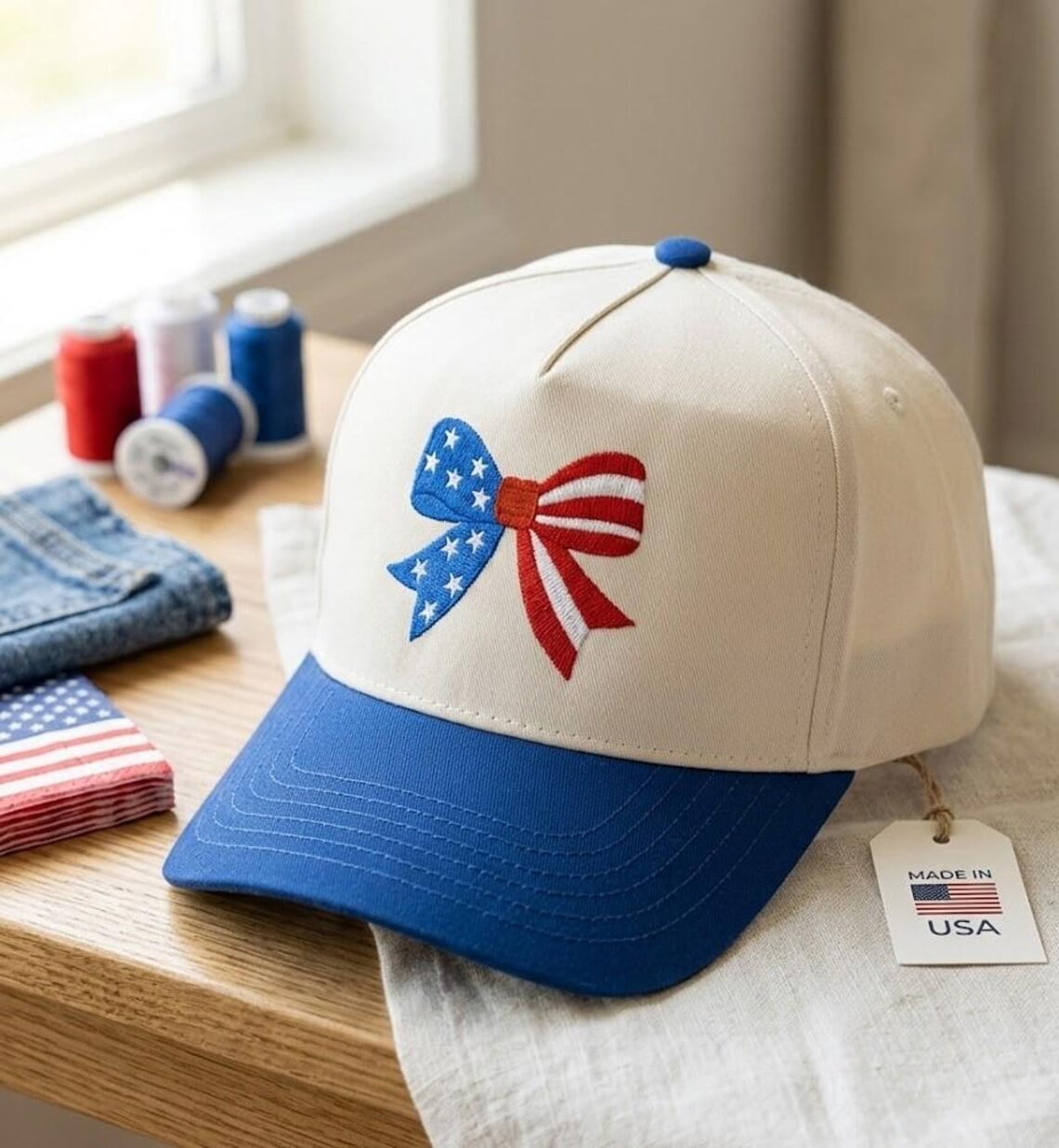 American Flag Bow Embroidered 5 Panel Baseball Cap Patriotic Style Red ...