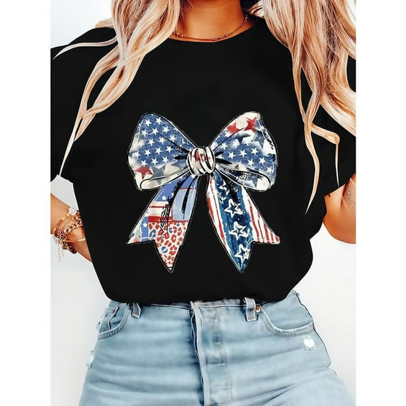 American Flag Bow Print Tshirts 4th of July Graphic Tees Short Sleeve ...