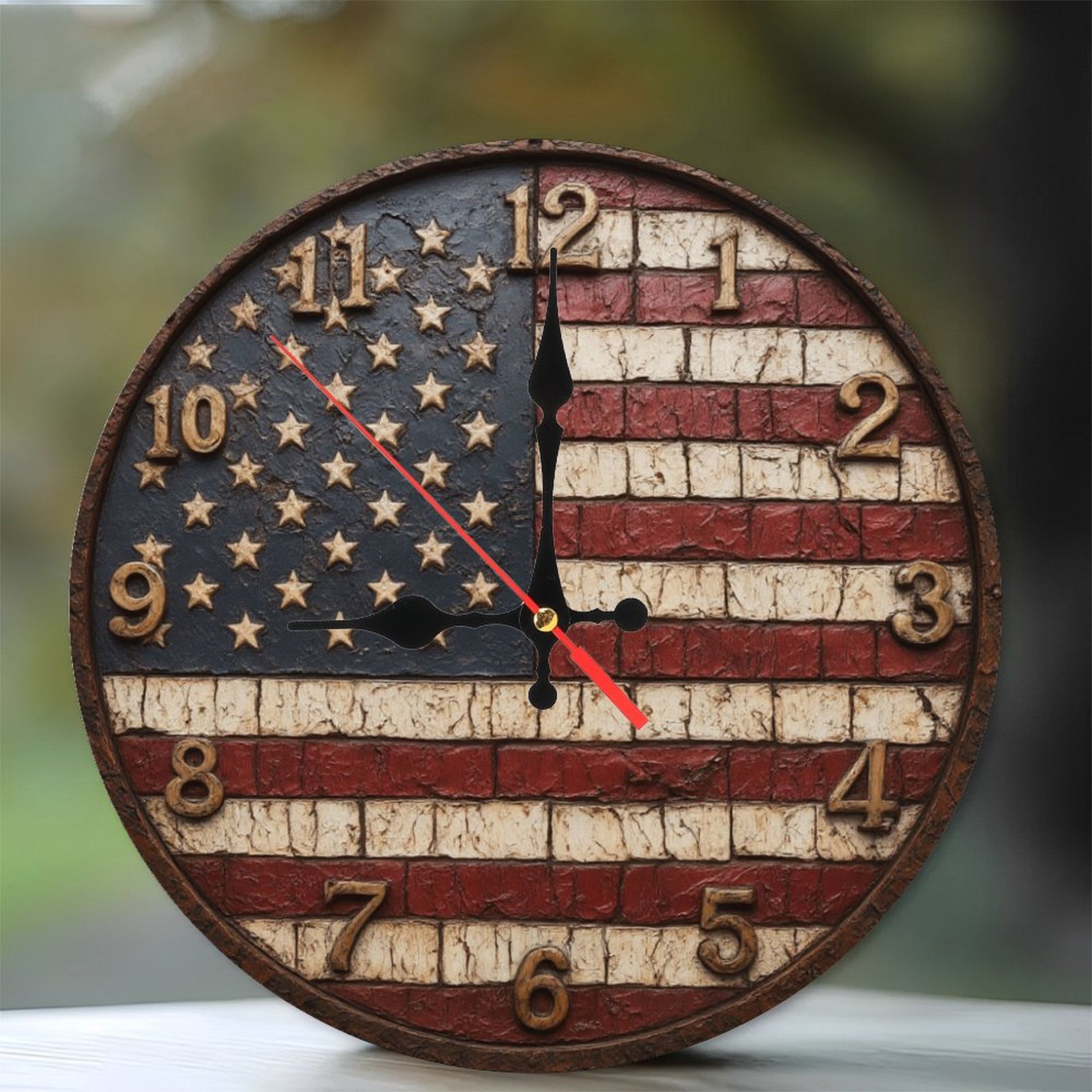 American Flag Brick Wall Clock Rustic Home Decor 10-Inch Silent Wooden ...