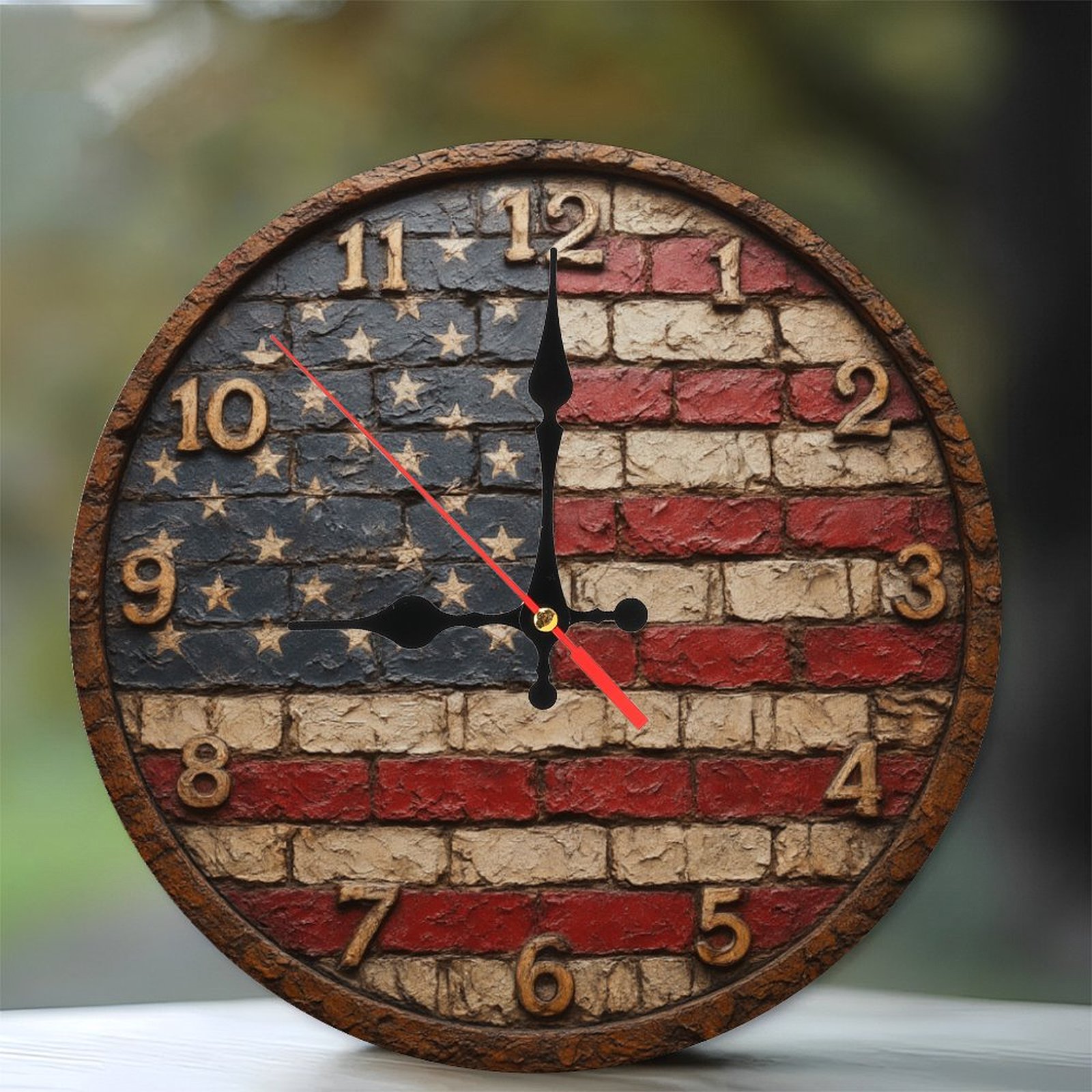 American Flag Brick Wall Clock Rustic Home Decor 10-Inch Silent Wooden ...