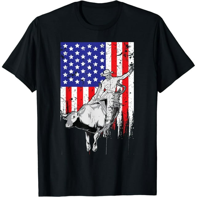 American Flag Bucking Bull Riding Patriotic Rodeo Rider T-Shirt ...