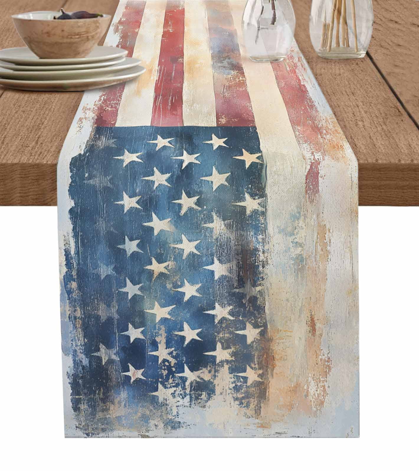 American Flag Burlap Cotton Table Runner 13x48 Inches Long, Rustic Star ...