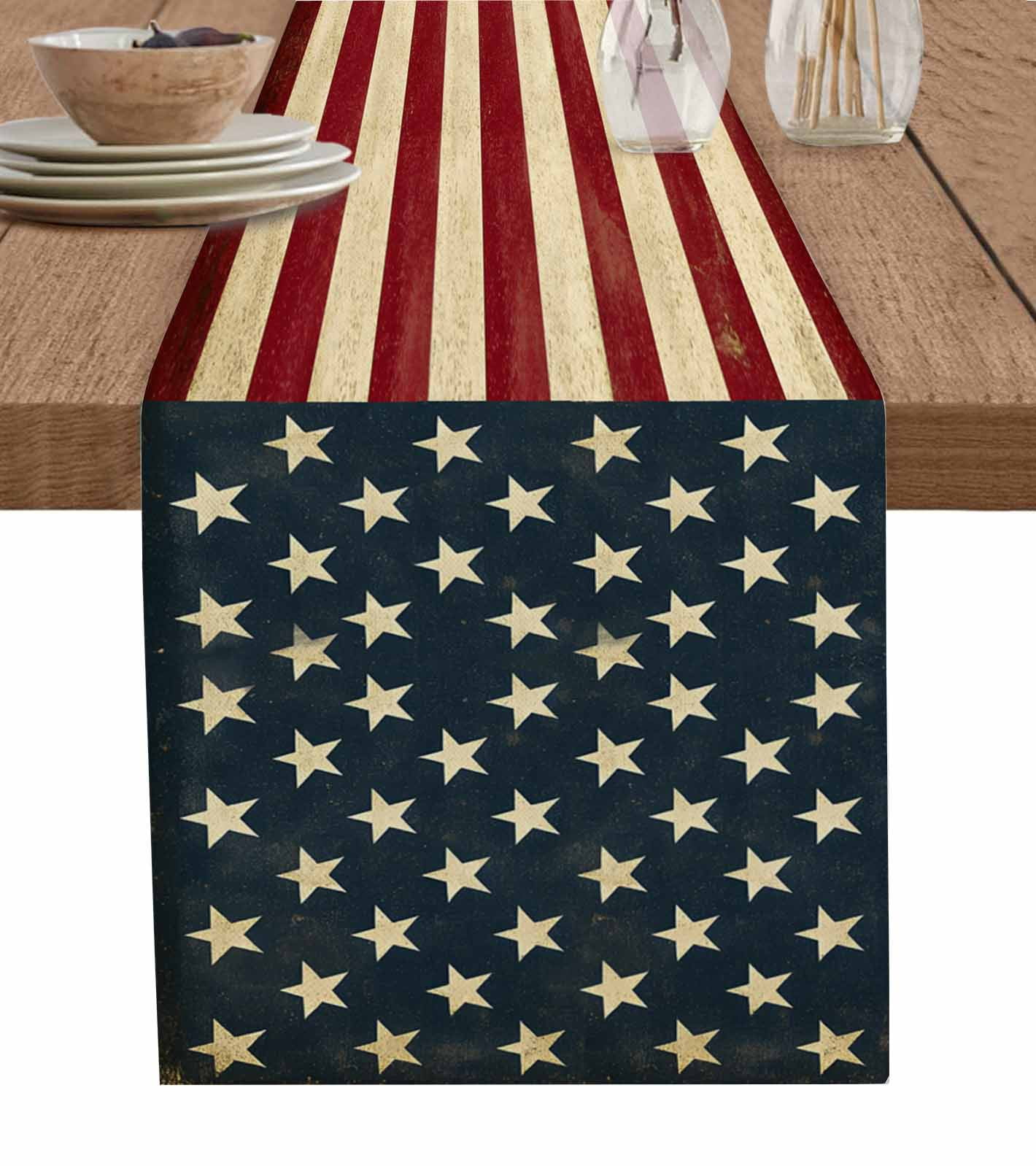 American Flag Burlap Cotton Table Runner 13x48 Inches Long, Vintage Red ...