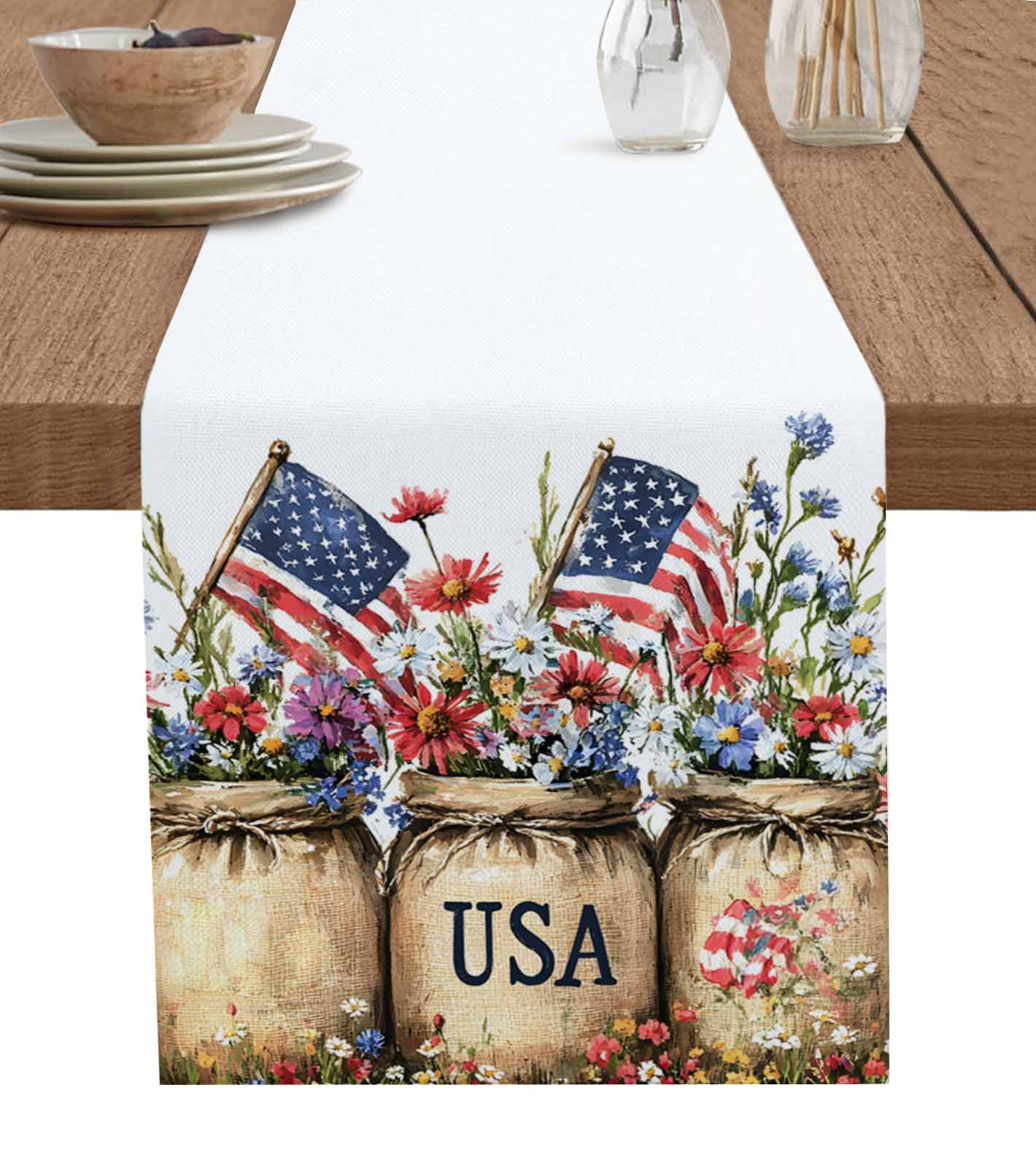American Flag Burlap Cotton Table Runner 16x72 Inches Long, Vintage ...