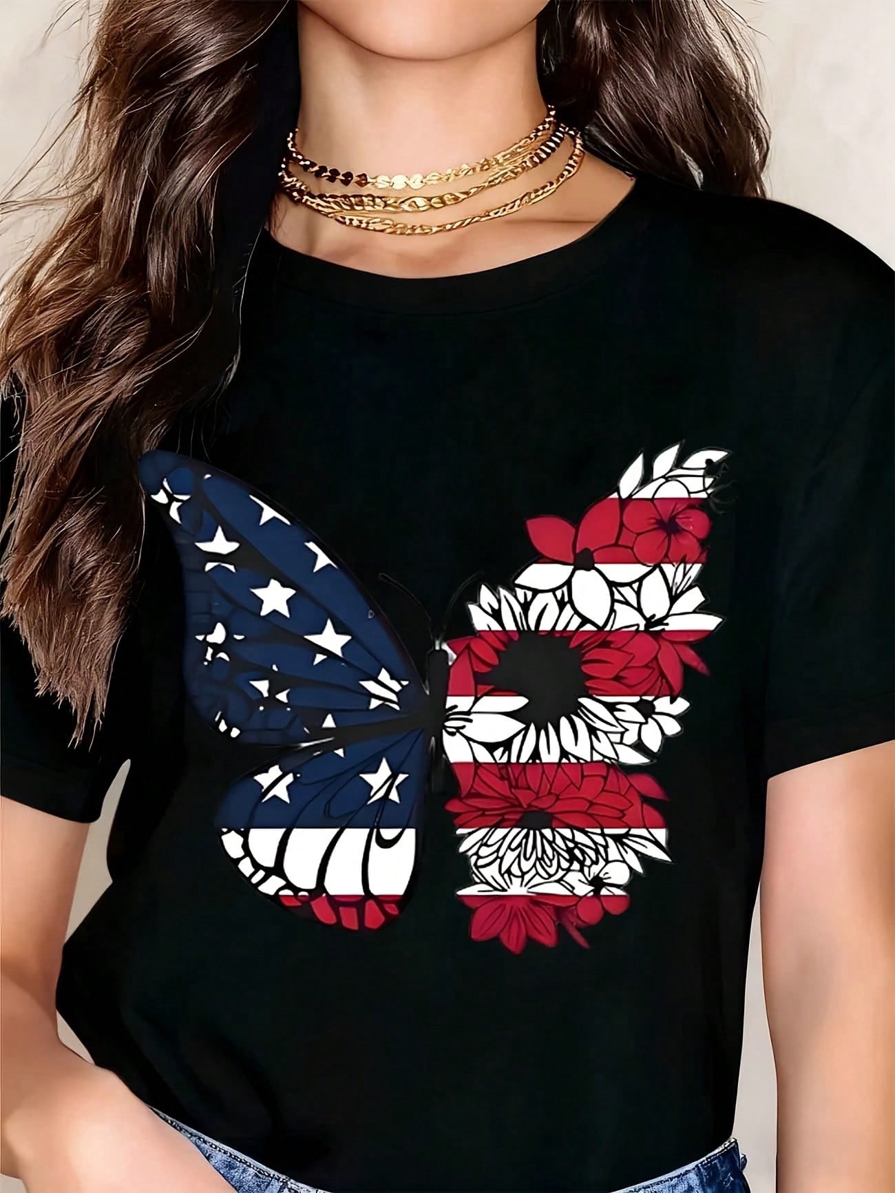 American Flag Butterfly Floral Design Women's Black T-Shirt Patriotic ...