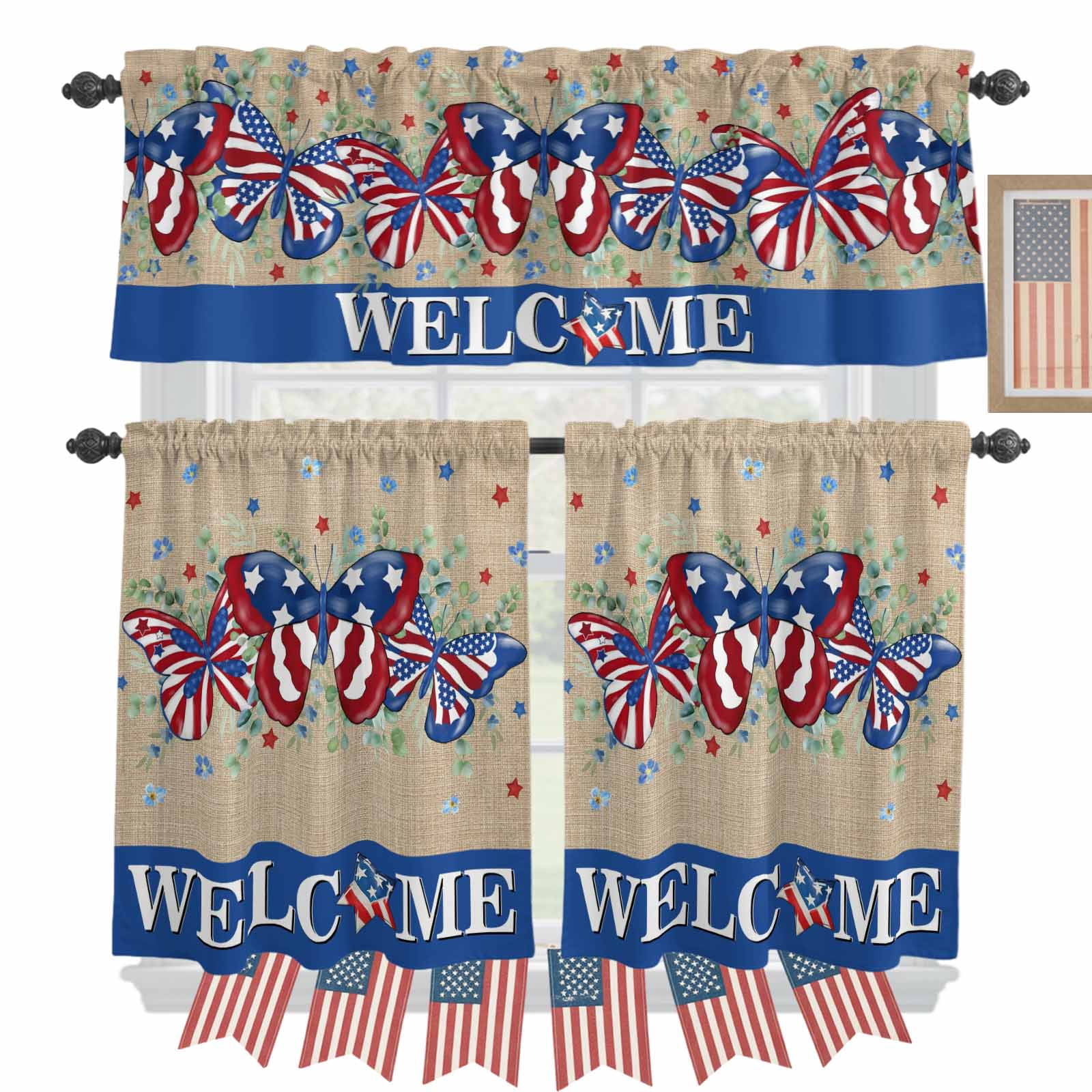 American Flag Butterfly Kitchen Curtains Valances 3 Piece Set ...