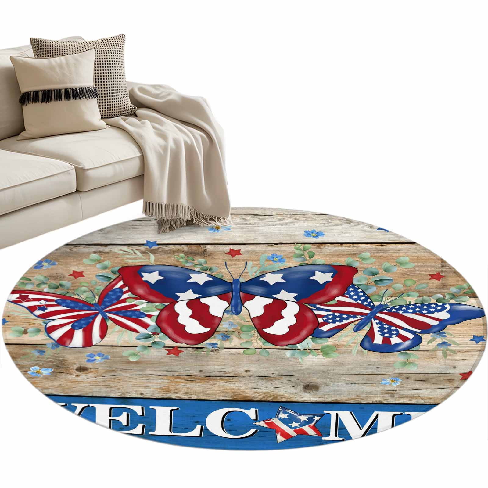 American Flag Butterfly Round Living Room Rugs 3.3 ft, Independence Day ...