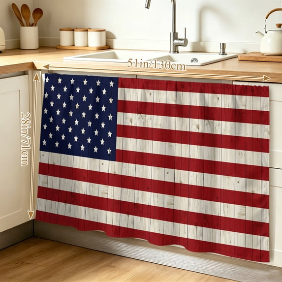 American Flag Cabinet Curtain 28"W x 51"L, Vintage Wooden Star Striped ...