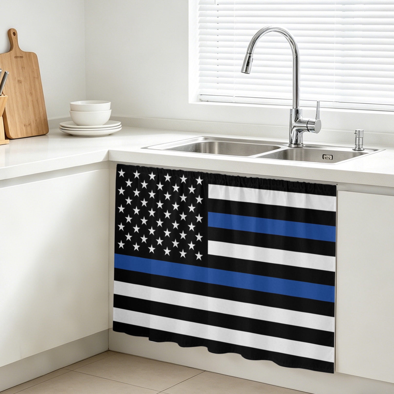 American Flag Cabinet Curtain, Retro USA Flag Blue Line Black White ...