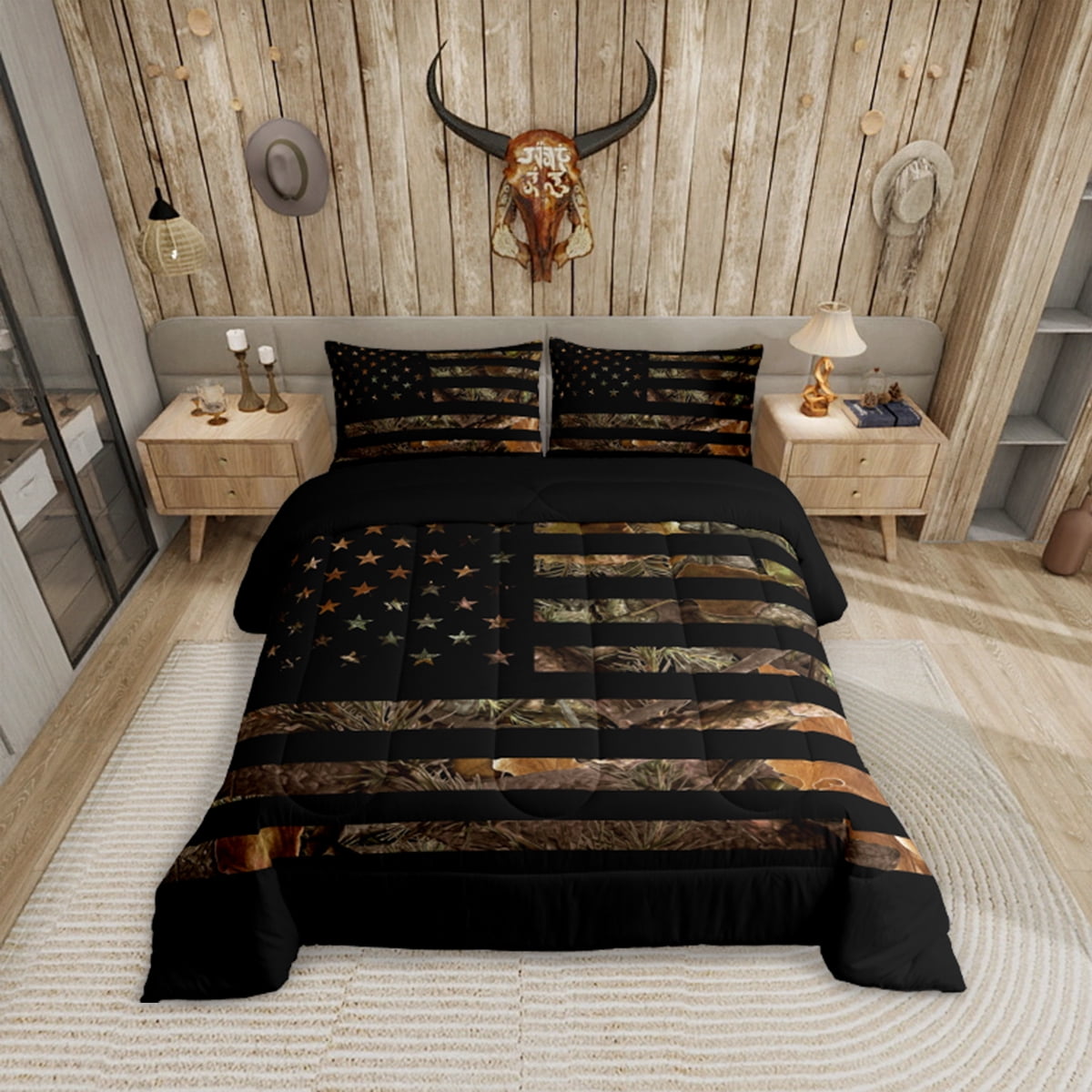 3-Piece Camo Bedding Set with American Flag, Rustic Foliage, Oak ...