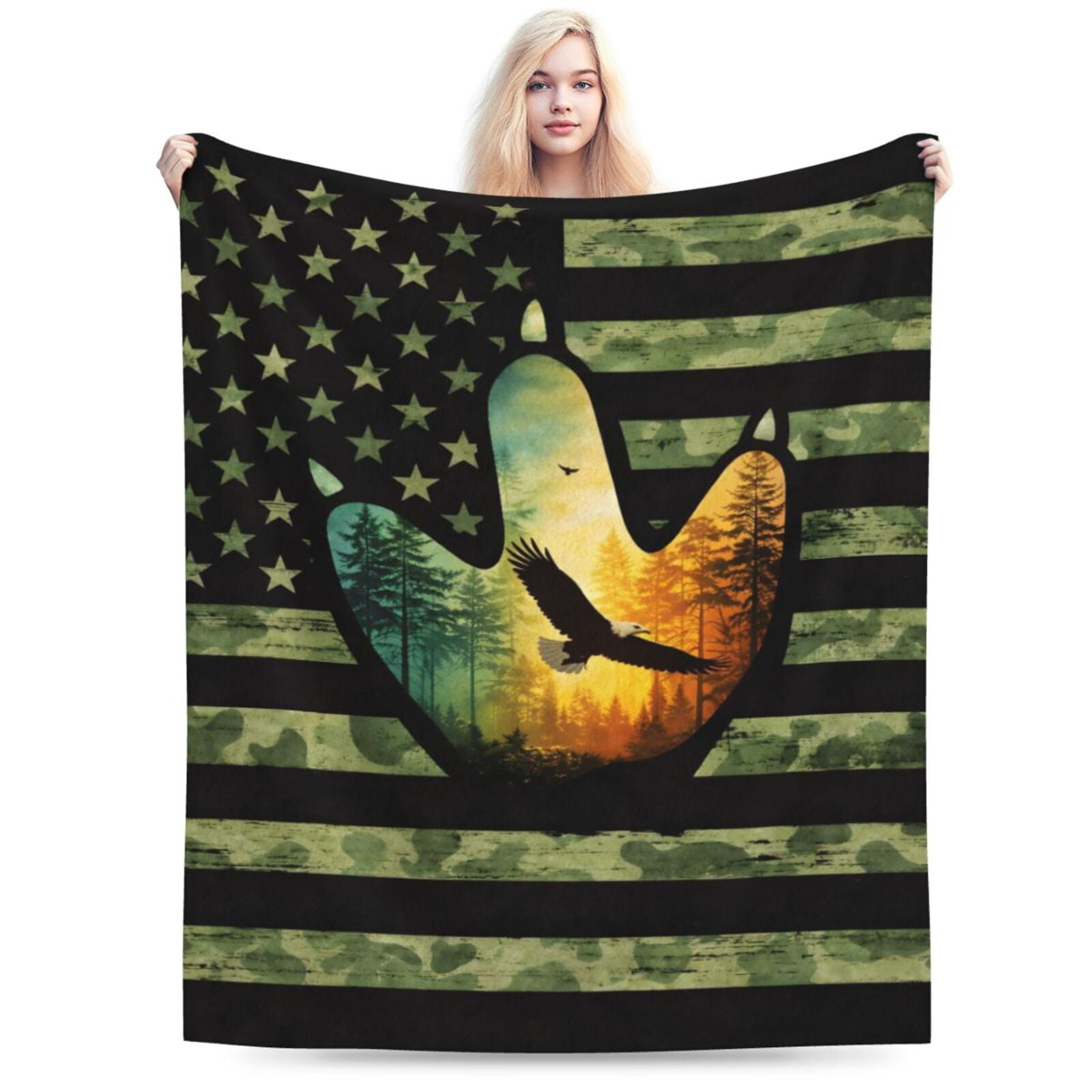 American Flag Camo Throw Blanket, Eagle Forest Handprint Design Fleece ...