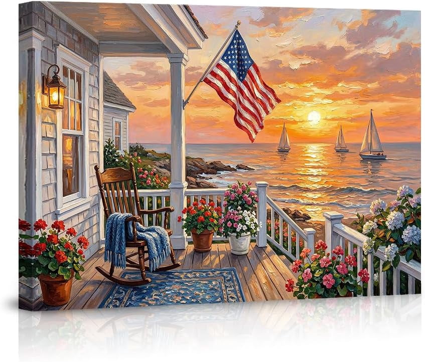 American Flag Canvas Wall Art Ocean Sunset Beach House Porch with ...