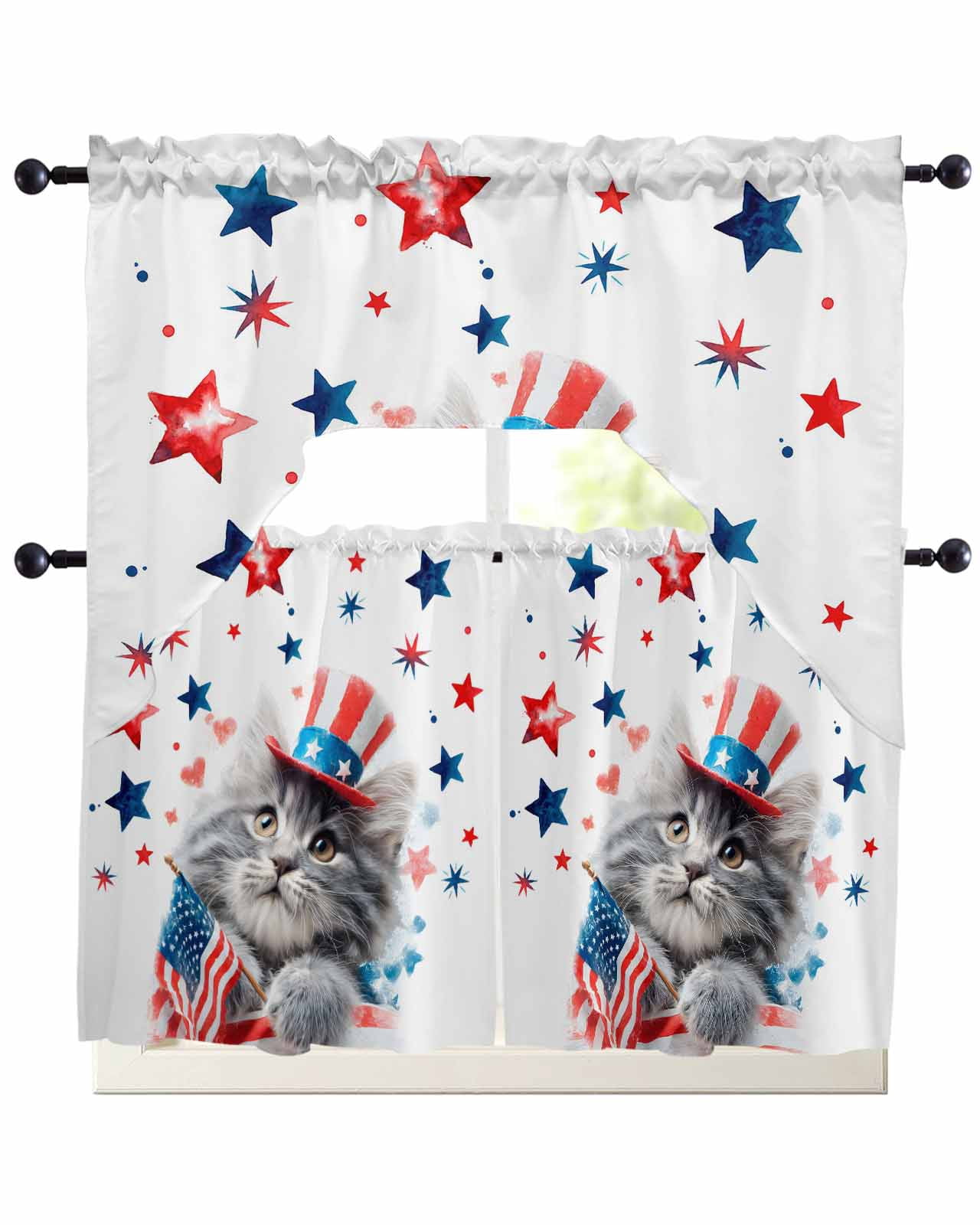 American Flag Cat Kitchen Curtains Sets 24 Inch Length with Valance ...