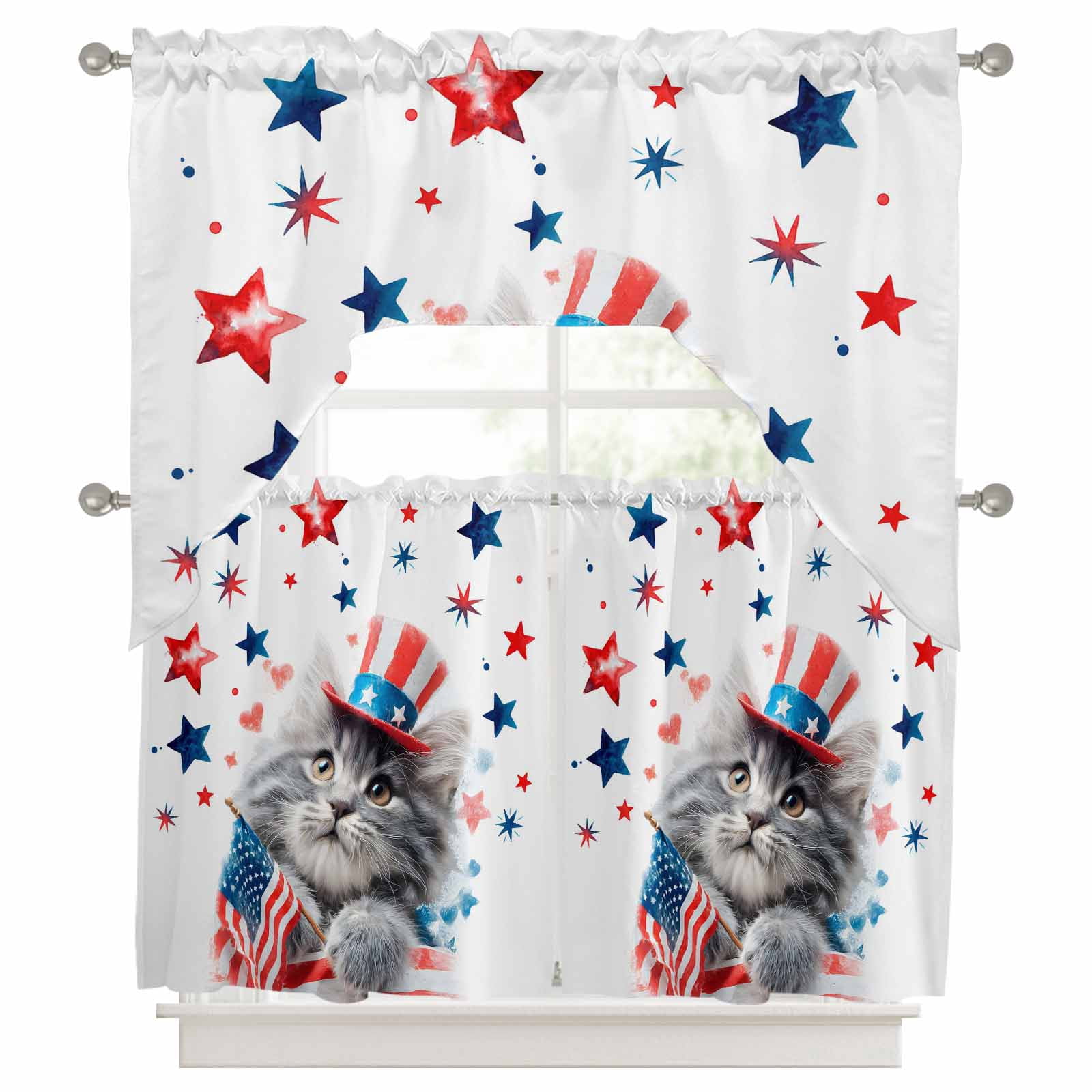 American Flag Cat Kitchen Curtains Swag Valance and Tier Curtains Set ...