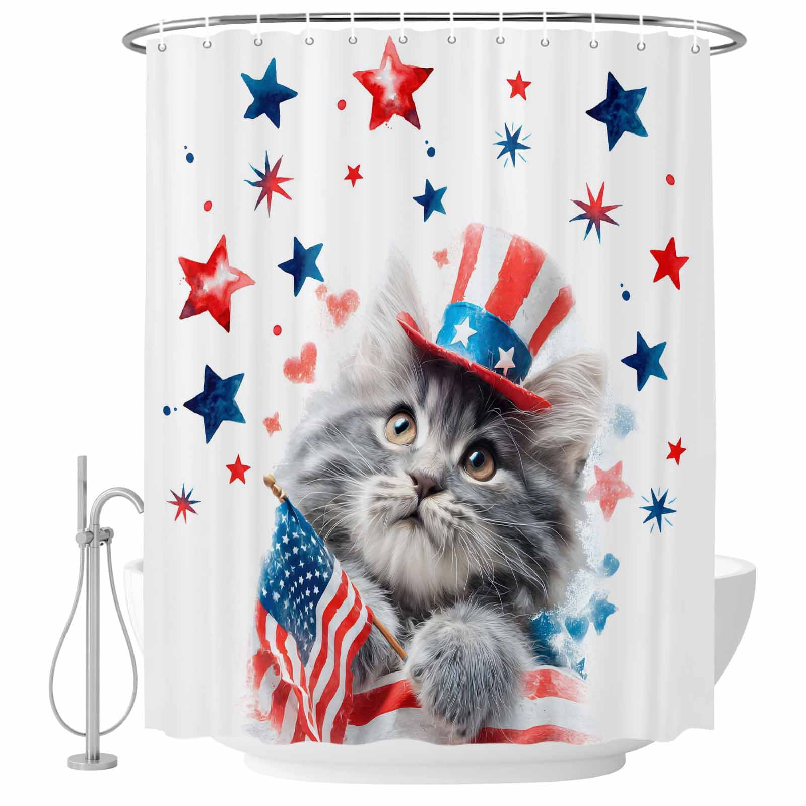 American Flag Cat Shower Curtain Set - 48" x 72" Washable Bathtub ...
