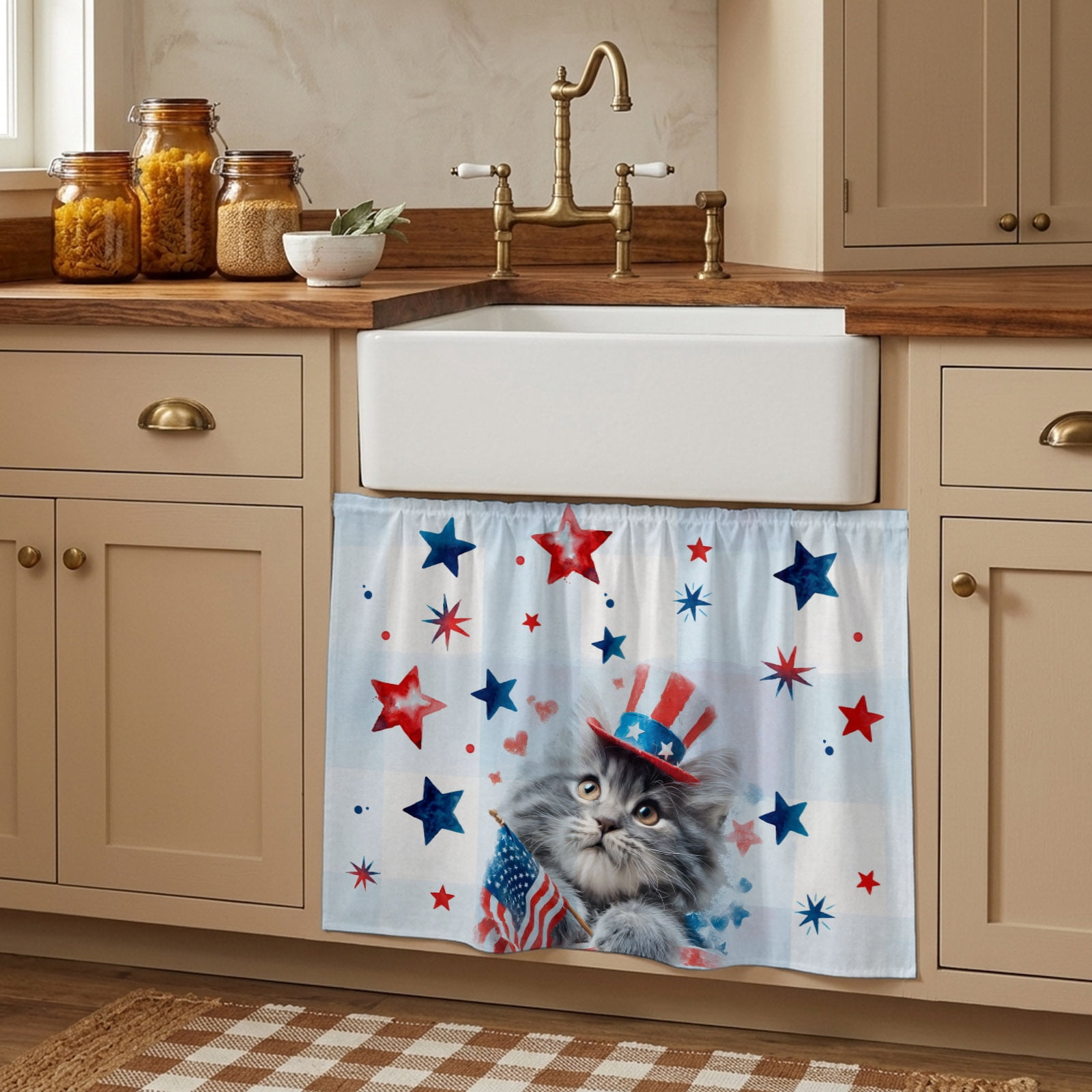American Flag Cat Small Cabinet Curtains 10"W x 11"L, Blue Red Star ...