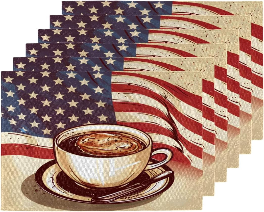 American Flag Coffee Placemats Set of 6, Heat Resistant Washable Linen ...